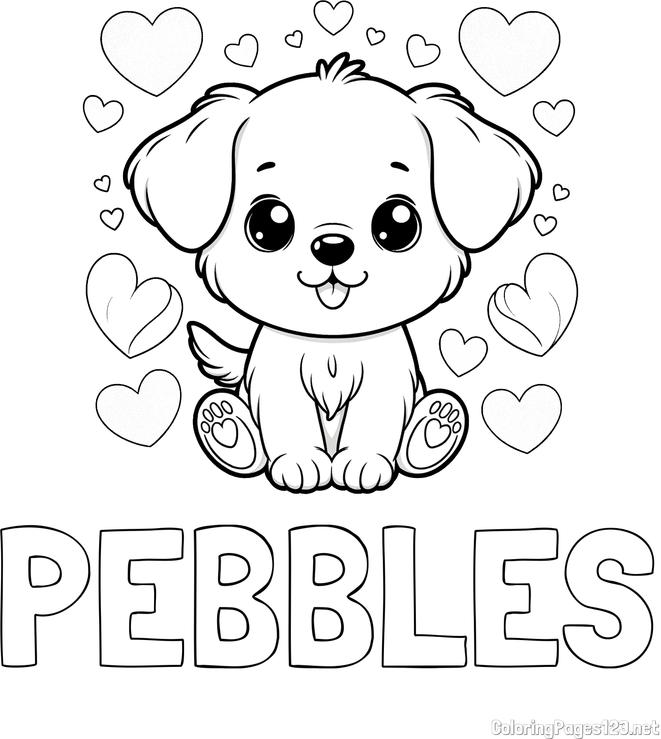 PEBBLES Coloring Page and Coloring Page of a Cute Dog and Hearts