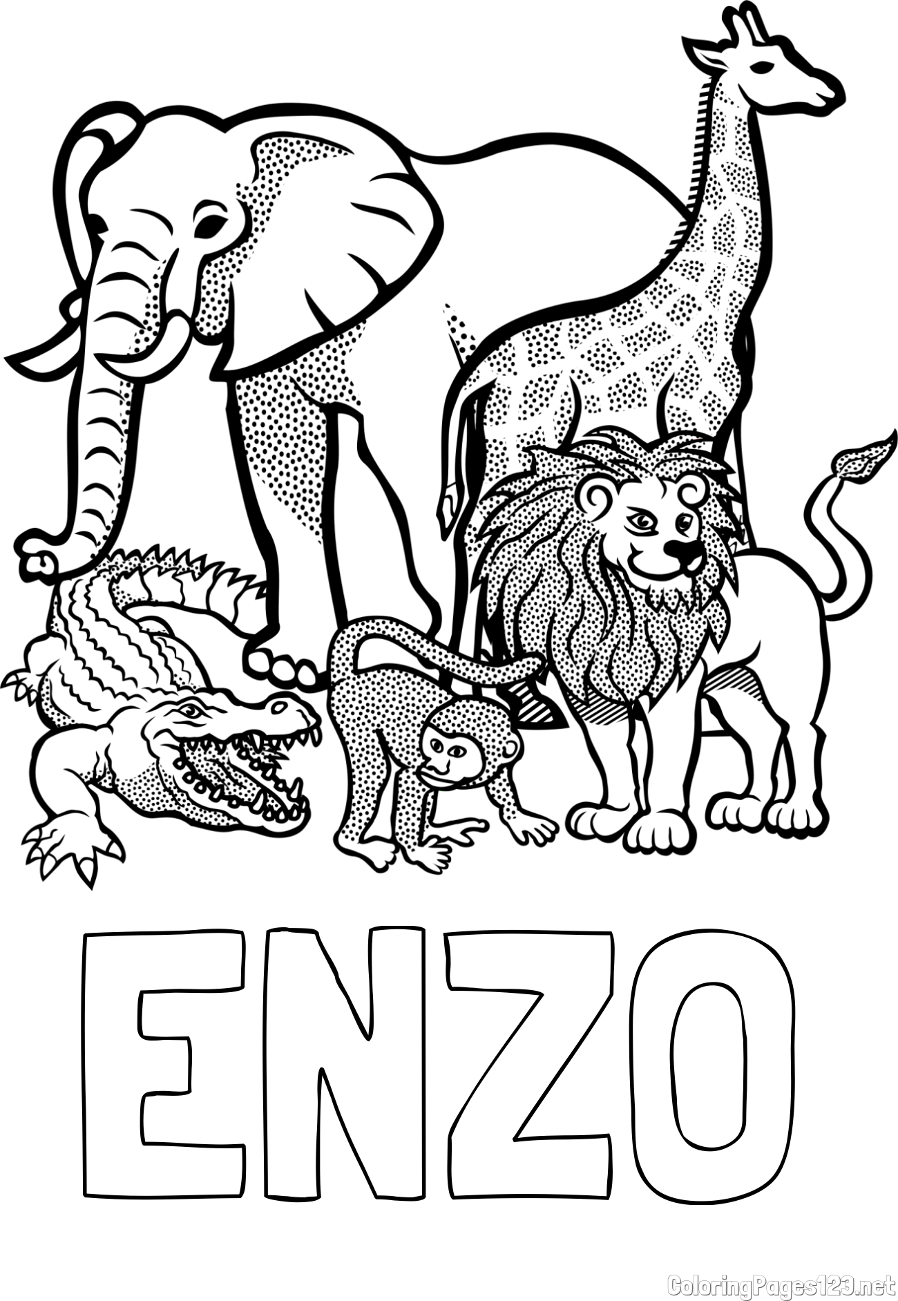 ENZO Coloring Page and Zoo Animals Coloring Page - Elephant, Tiger ...