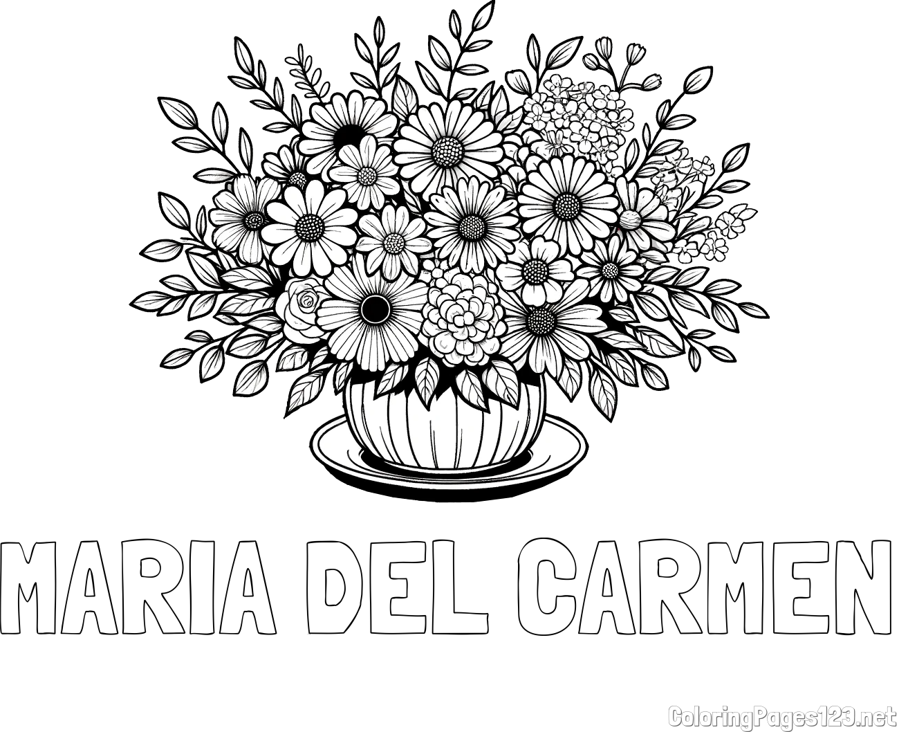 MARIA DEL CARMEN Coloring Page and Beautiful Bouquet of Flowers ...