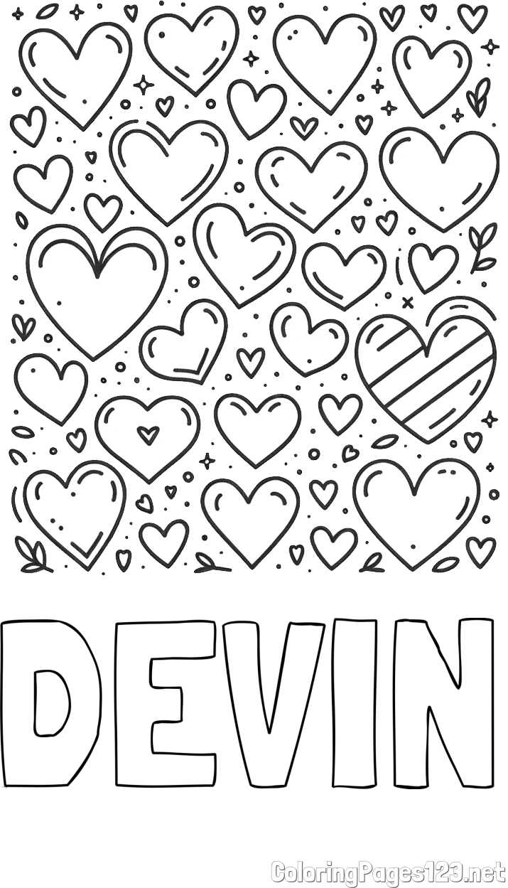 DEVIN Coloring Page and Children's Coloring Page of Many Hearts
