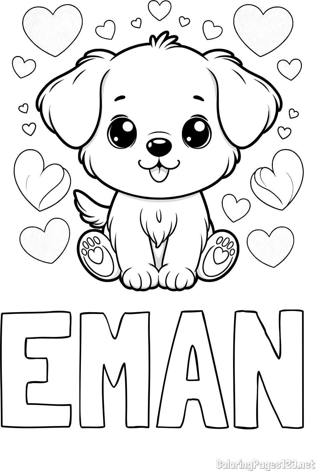 E-MAN Coloring Page and Coloring Page of a Cute Dog and Hearts