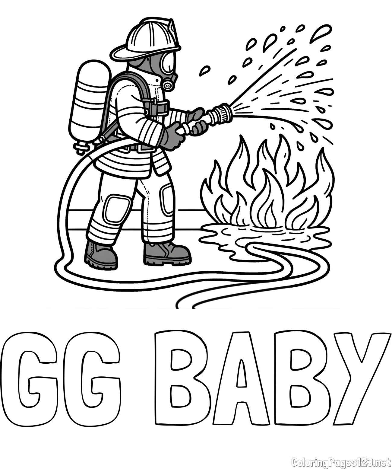 GG BABY Coloring Page and A coloring page of a firefighter and a big fire