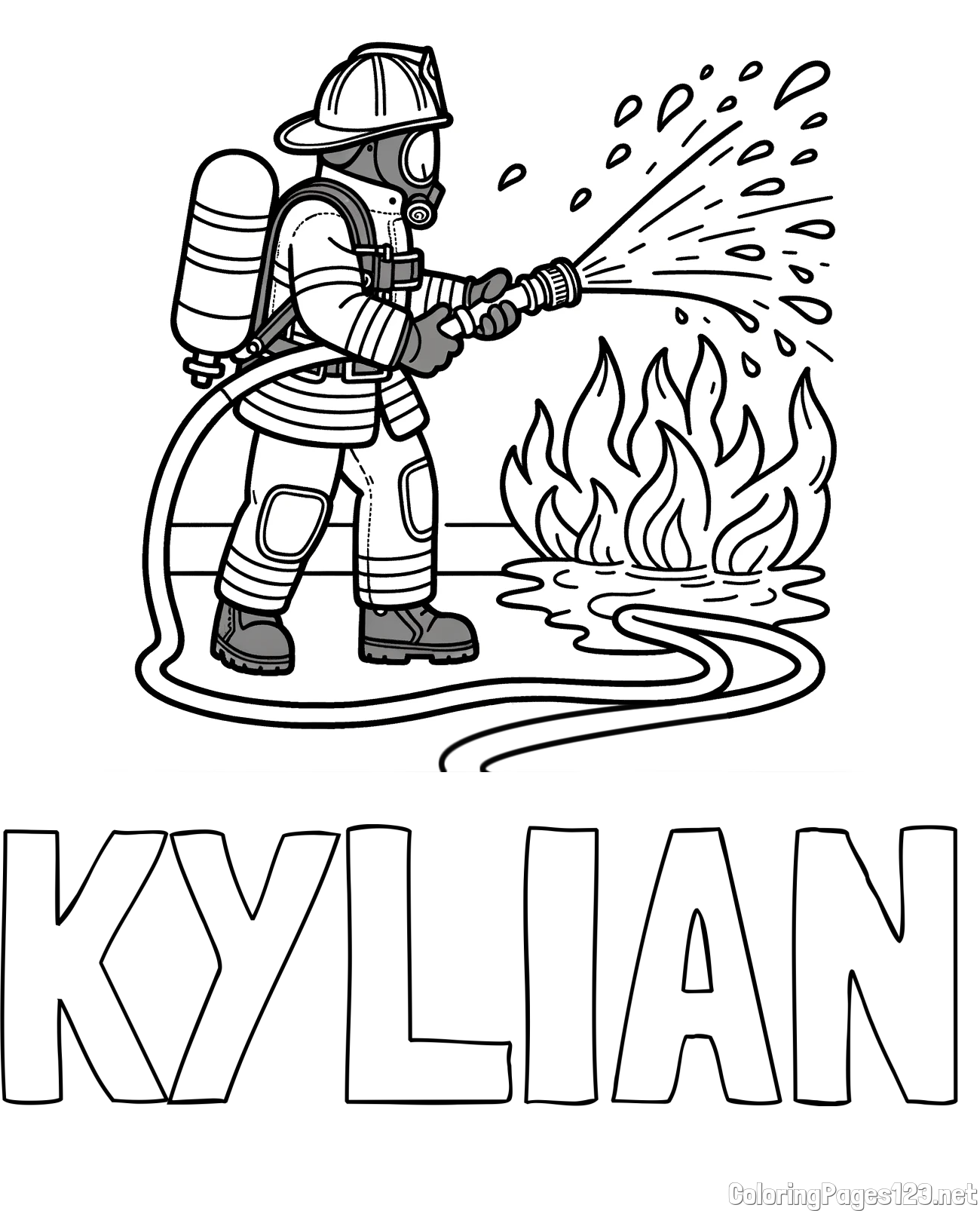 KYLIAN Coloring Page and A coloring page of a firefighter and a big fire