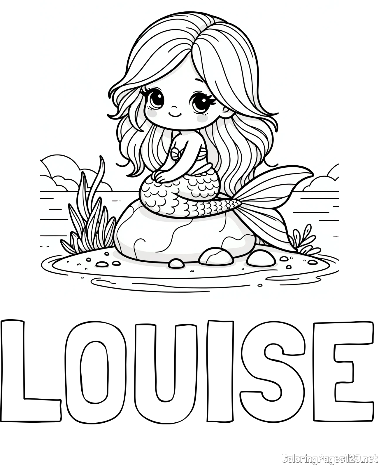 LOUISE Coloring Page and Coloring Page of a Cute Mermaid Sitting on a Stone