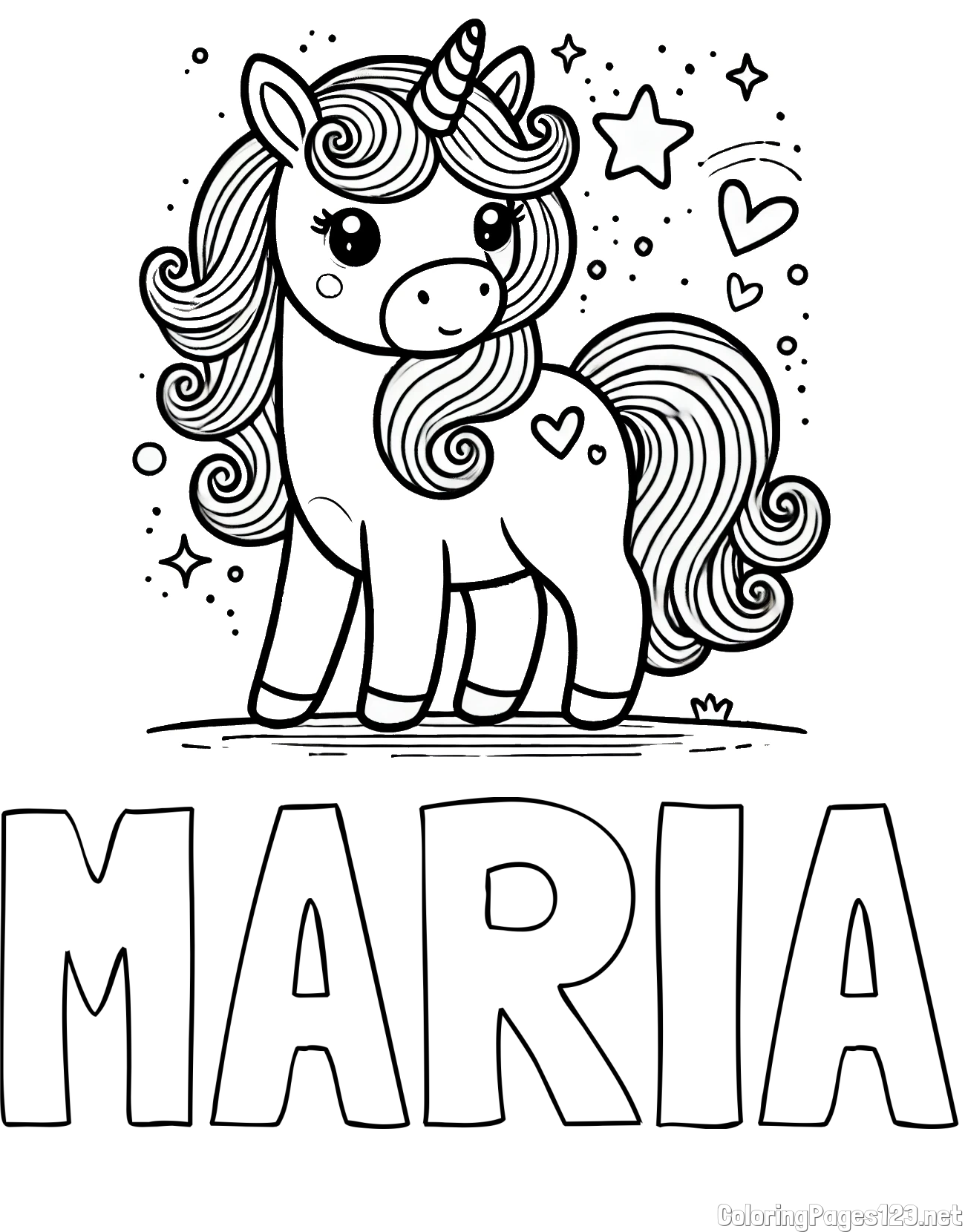 MARIA Coloring Page and Cute Unicorn Coloring Page
