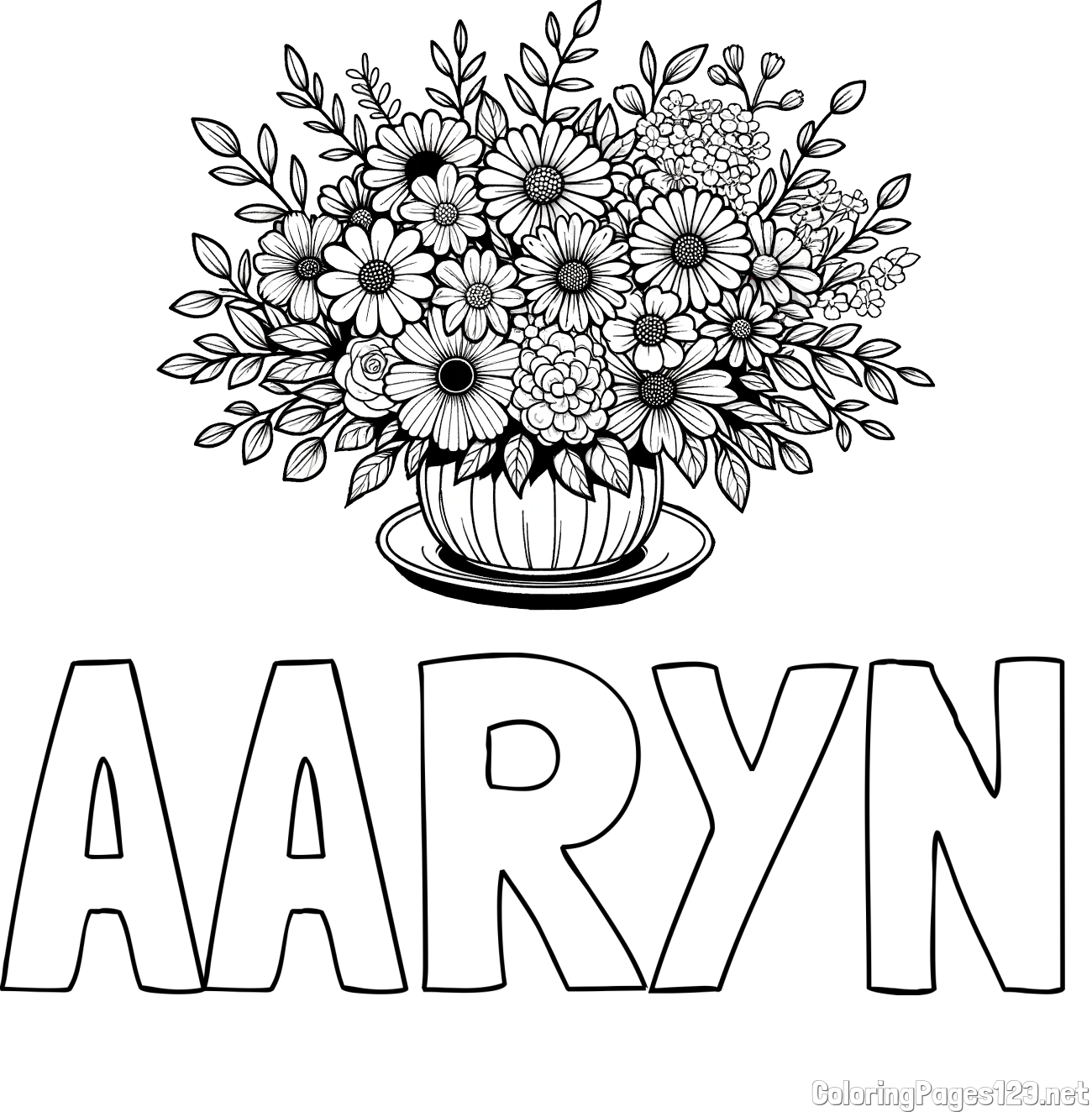 AARYN Coloring Page and Beautiful Bouquet of Flowers Coloring Page