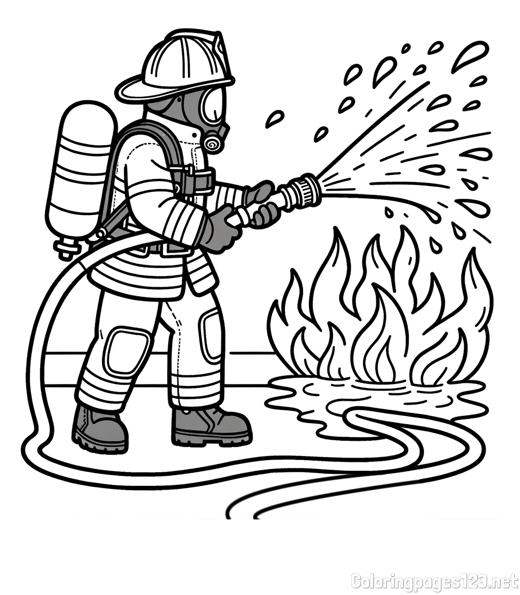 A coloring page of a firefighter and a big fire