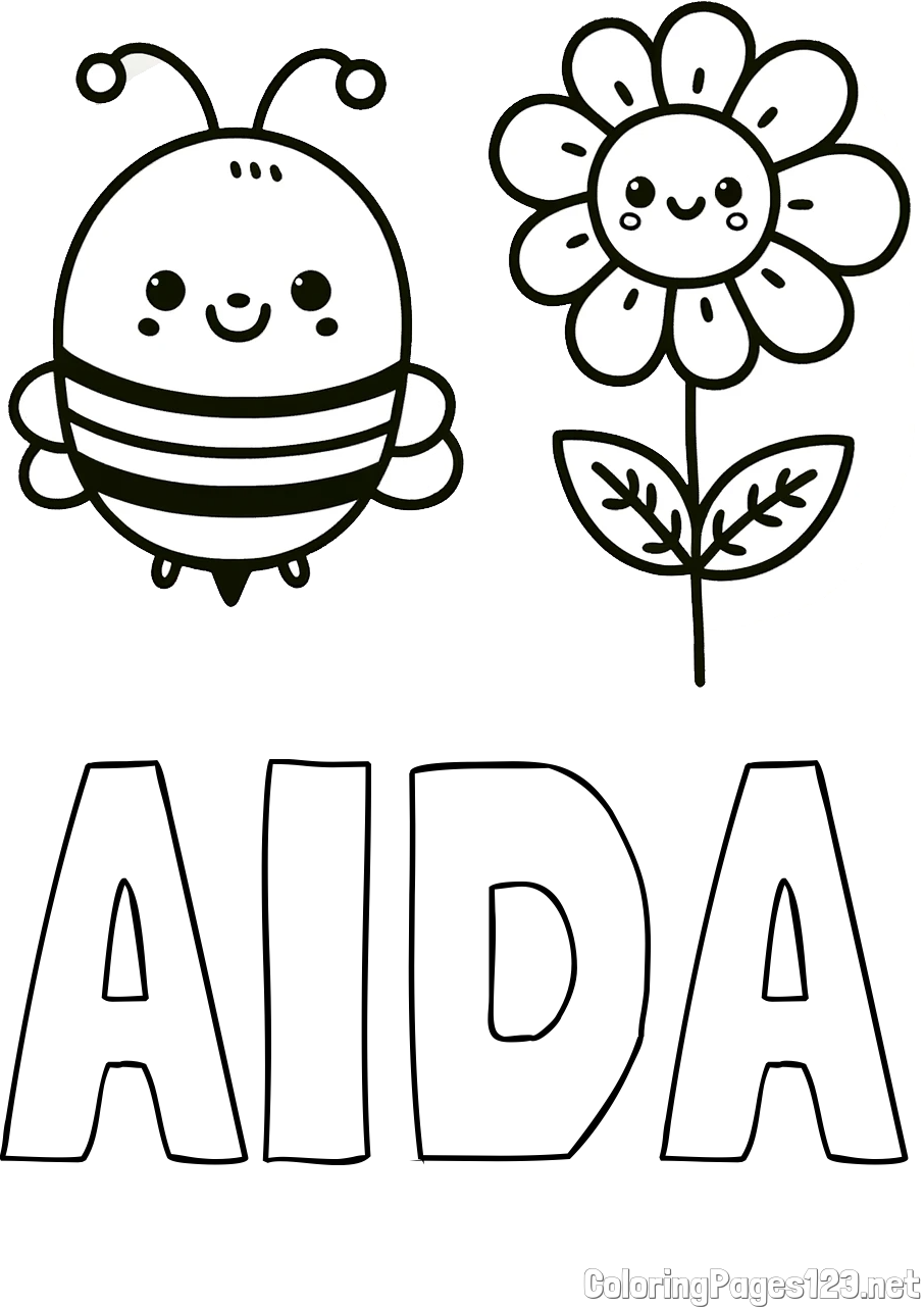 AIDA Coloring Page and Coloring Page of a Cute Bee and Smiling Flowers