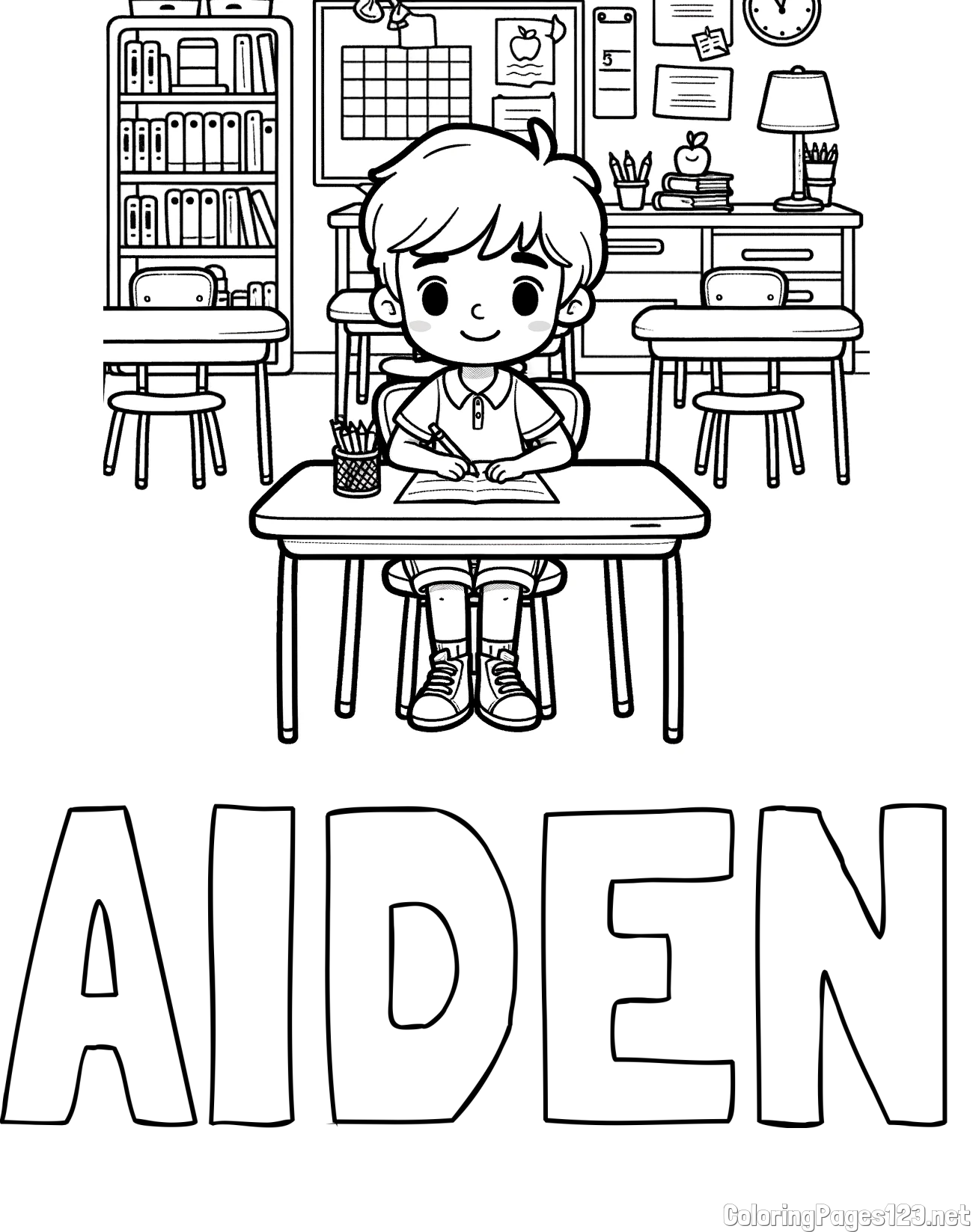 AIDEN Coloring Page and Cute Student in Class Coloring Page