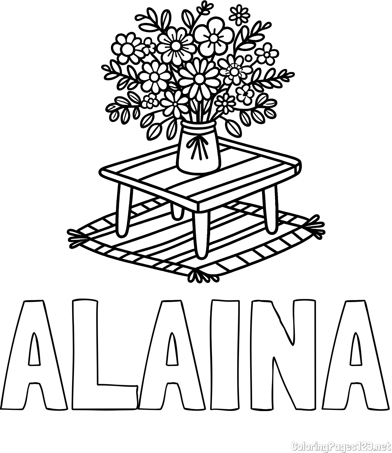 ALAINA Coloring Page and Simple Flower Bouquet Coloring Page