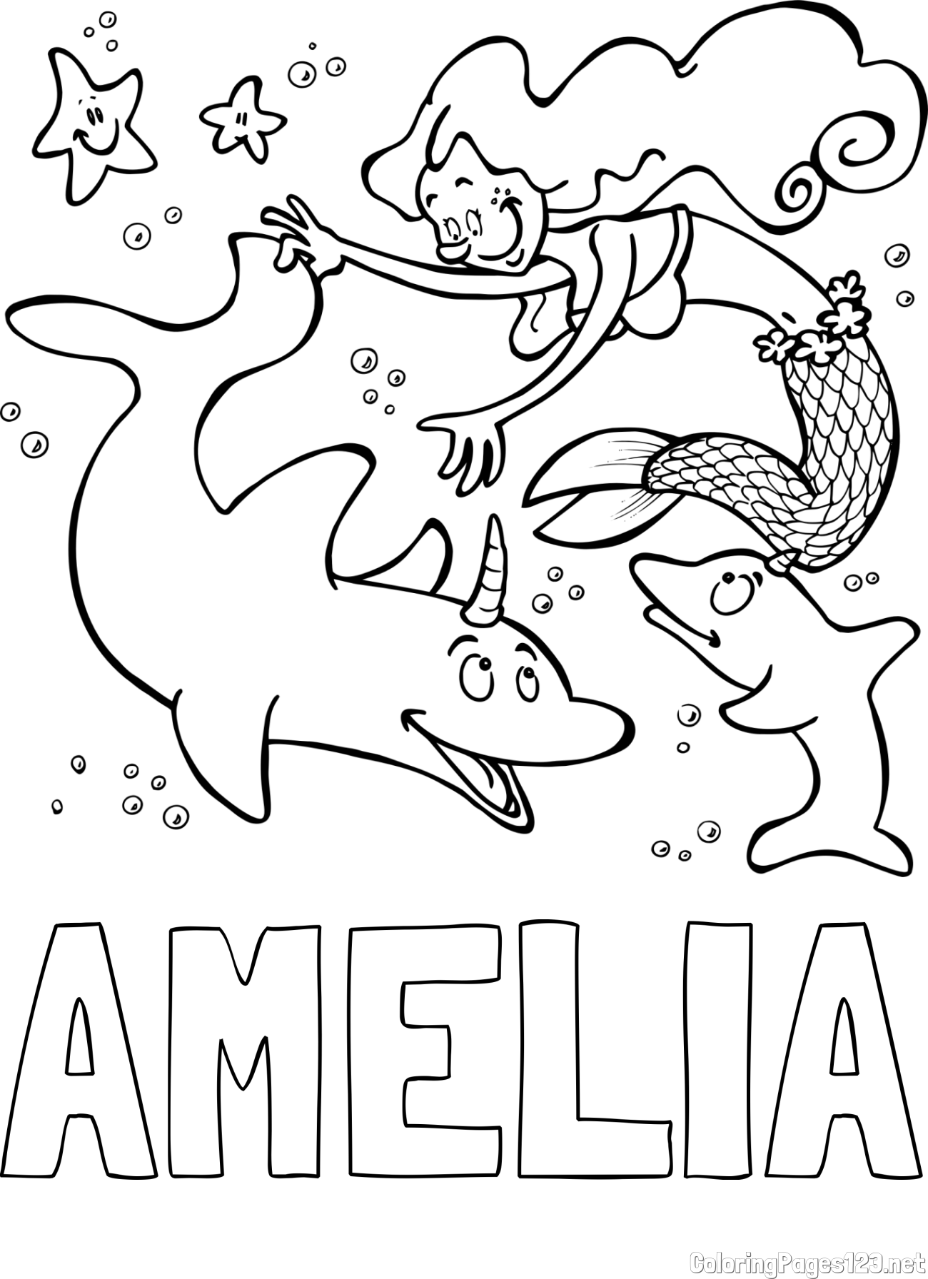 AMELIA Coloring Page and Coloring Page of a Mermaid Playing with Dolphins