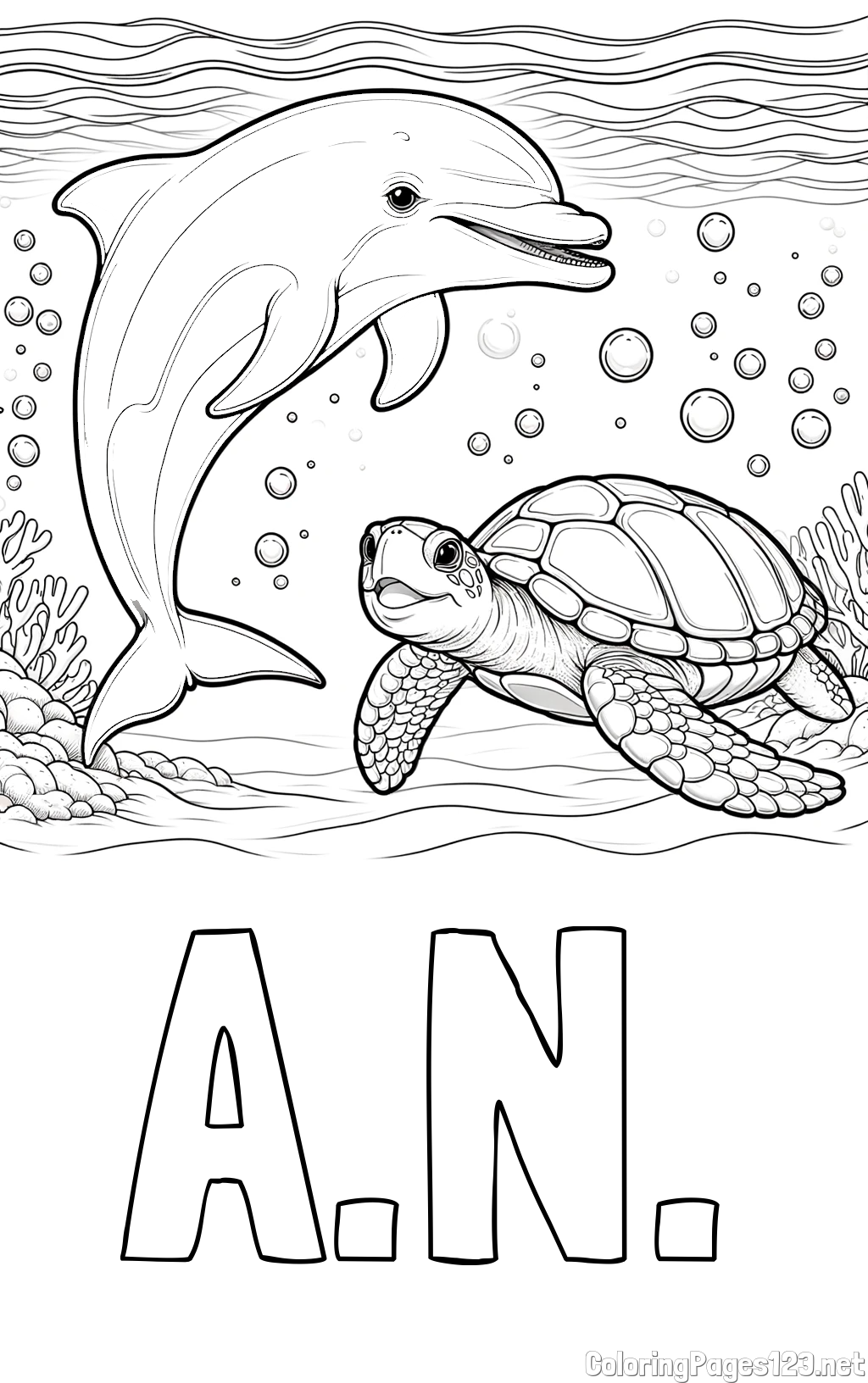 A.N. Coloring Page and Coloring Book of a Cute Dolphin and Its Turtle ...