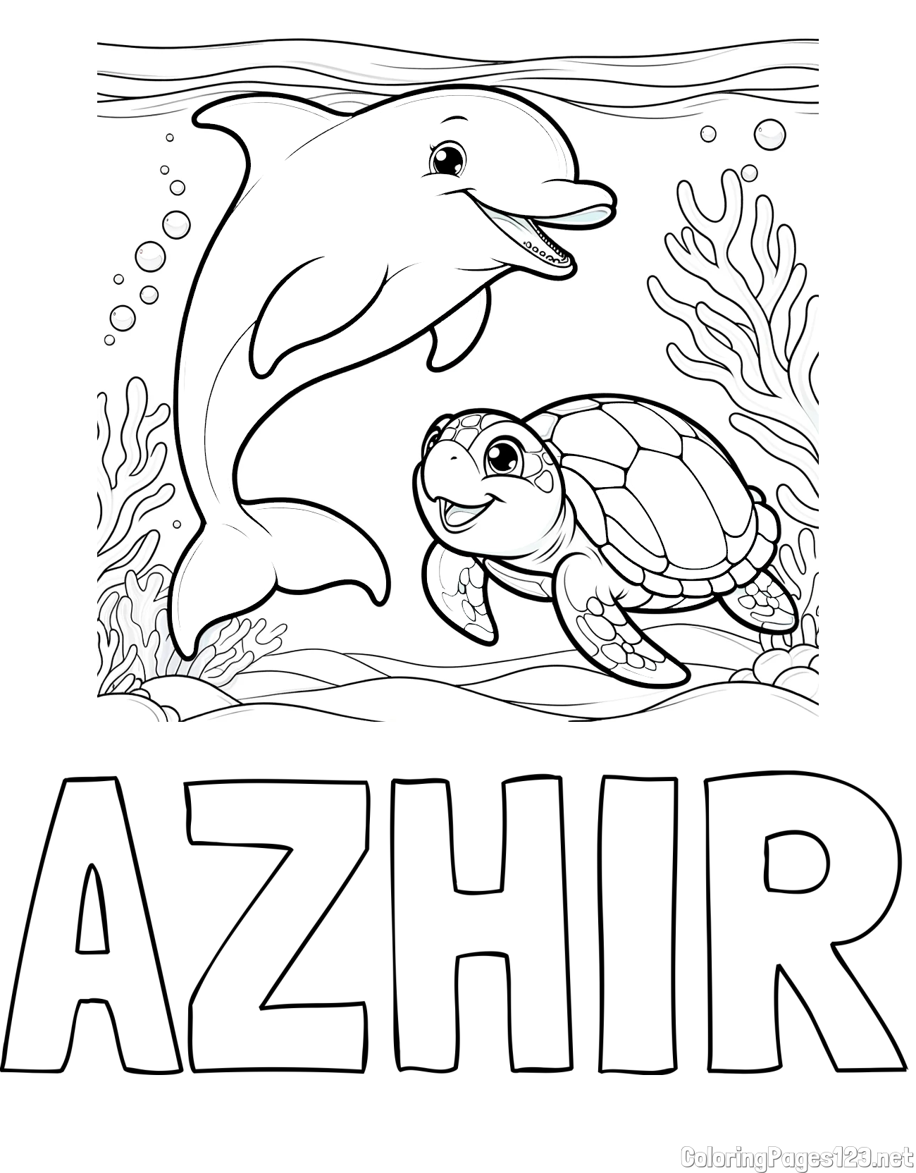 AZHIR Coloring Page and Coloring Book of a Cute Dolphin with a Turtle ...