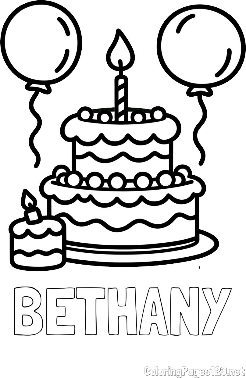 BETHANY Coloring Page and Birthday Cake Coloring Page with Balloons