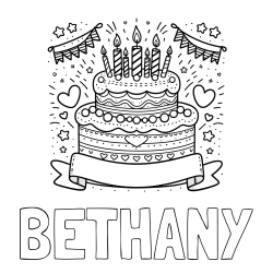 BETHANY Coloring Page and Birthday Cake Coloring Page with Balloons