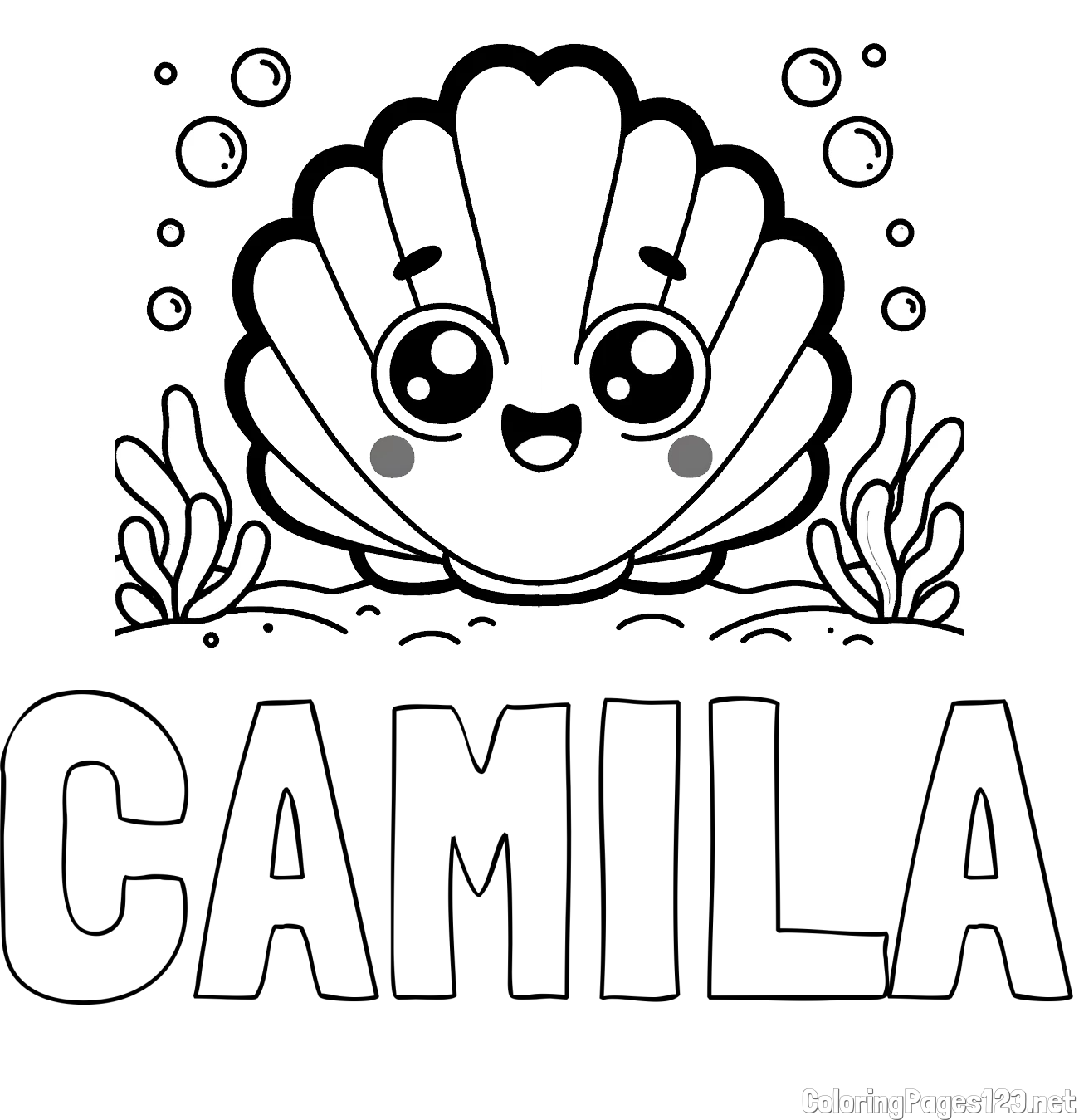 CAMILA Coloring Page and Smiling Seashell Coloring Page for Kids