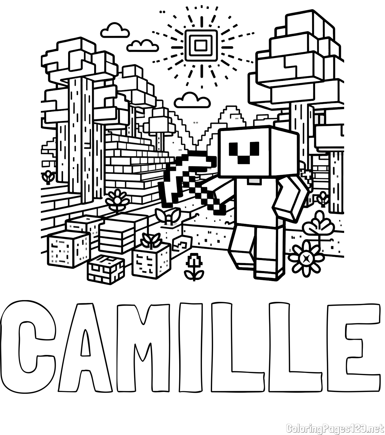 CAMILLE Coloring Page and Minecraft World Coloring Page