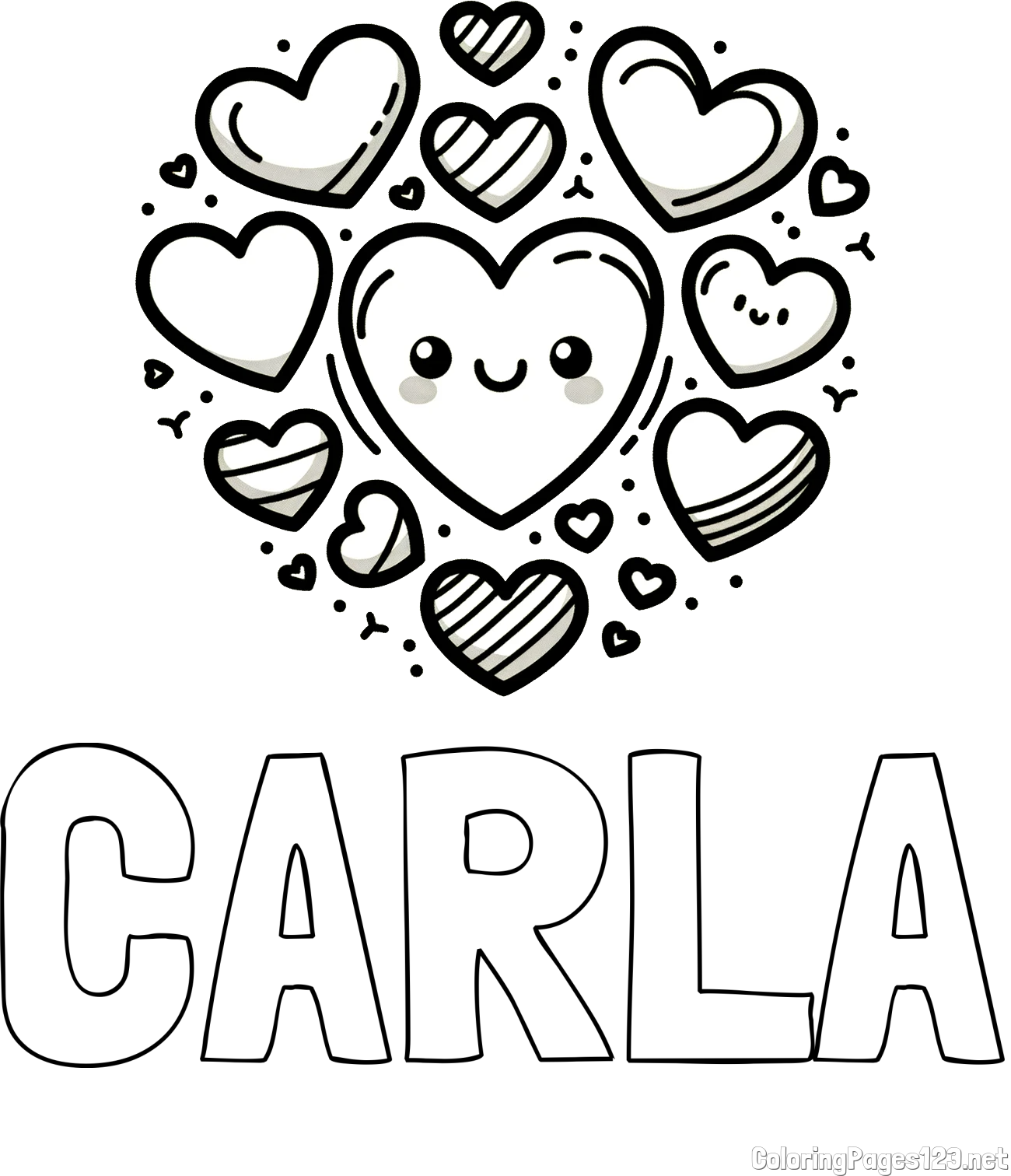 CARLA Coloring Page and Coloring Page of a Cute Cat Surrounded by Hearts