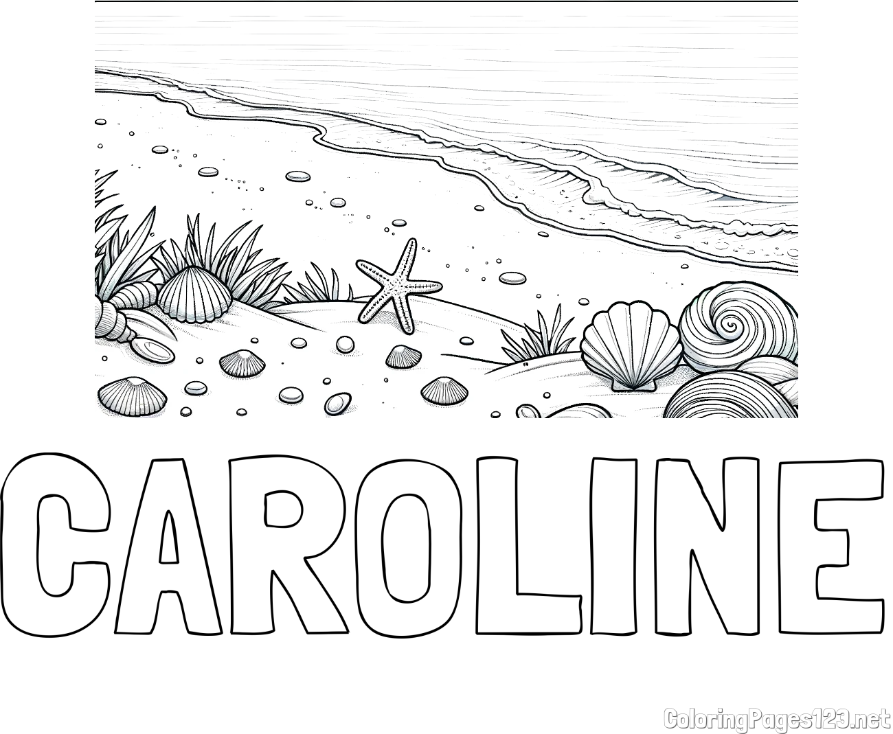 CAROLINE Coloring Page and Beautiful Seashore Coloring Page