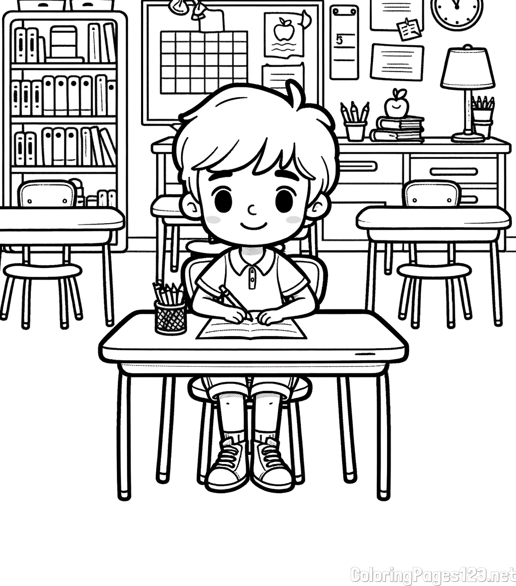 Cute Student in Class Coloring Page