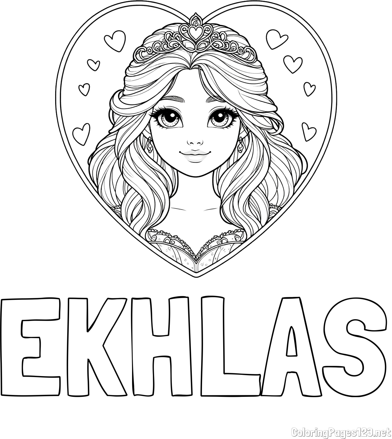 EKHLAS Coloring Page alongside Coloring Page of a Smiling Princess with ...