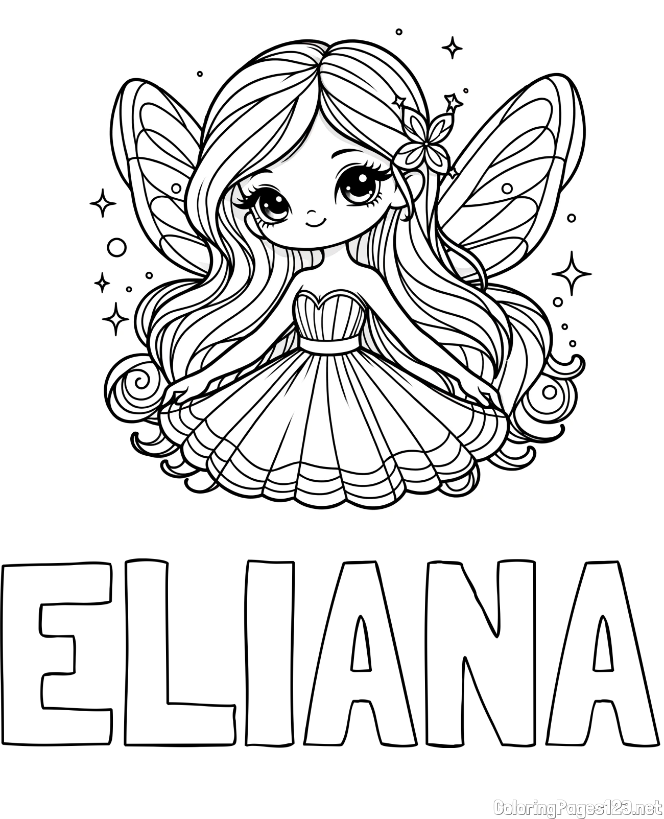 ELIANA Coloring Page and Coloring Page of a Cute and Smiling Magical Fairy