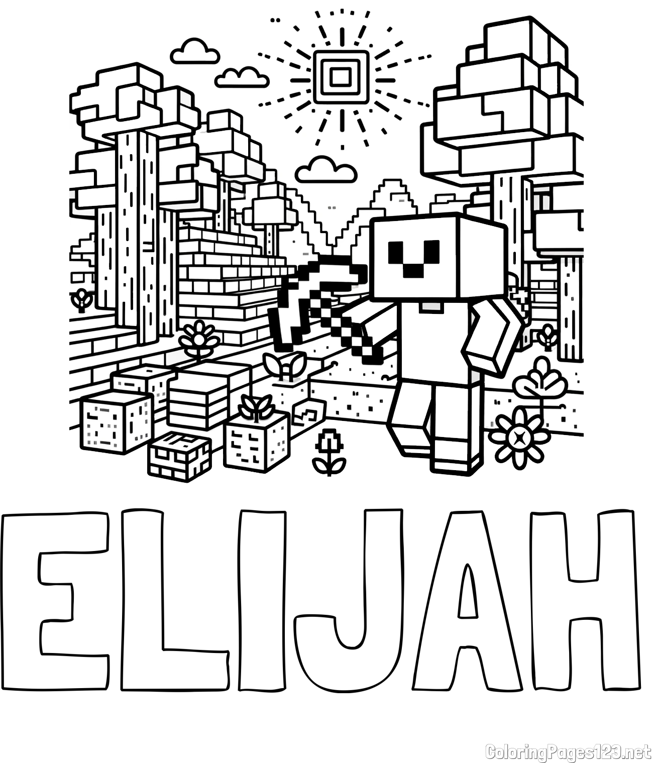 ELIJAH Coloring Page and Minecraft World Coloring Page