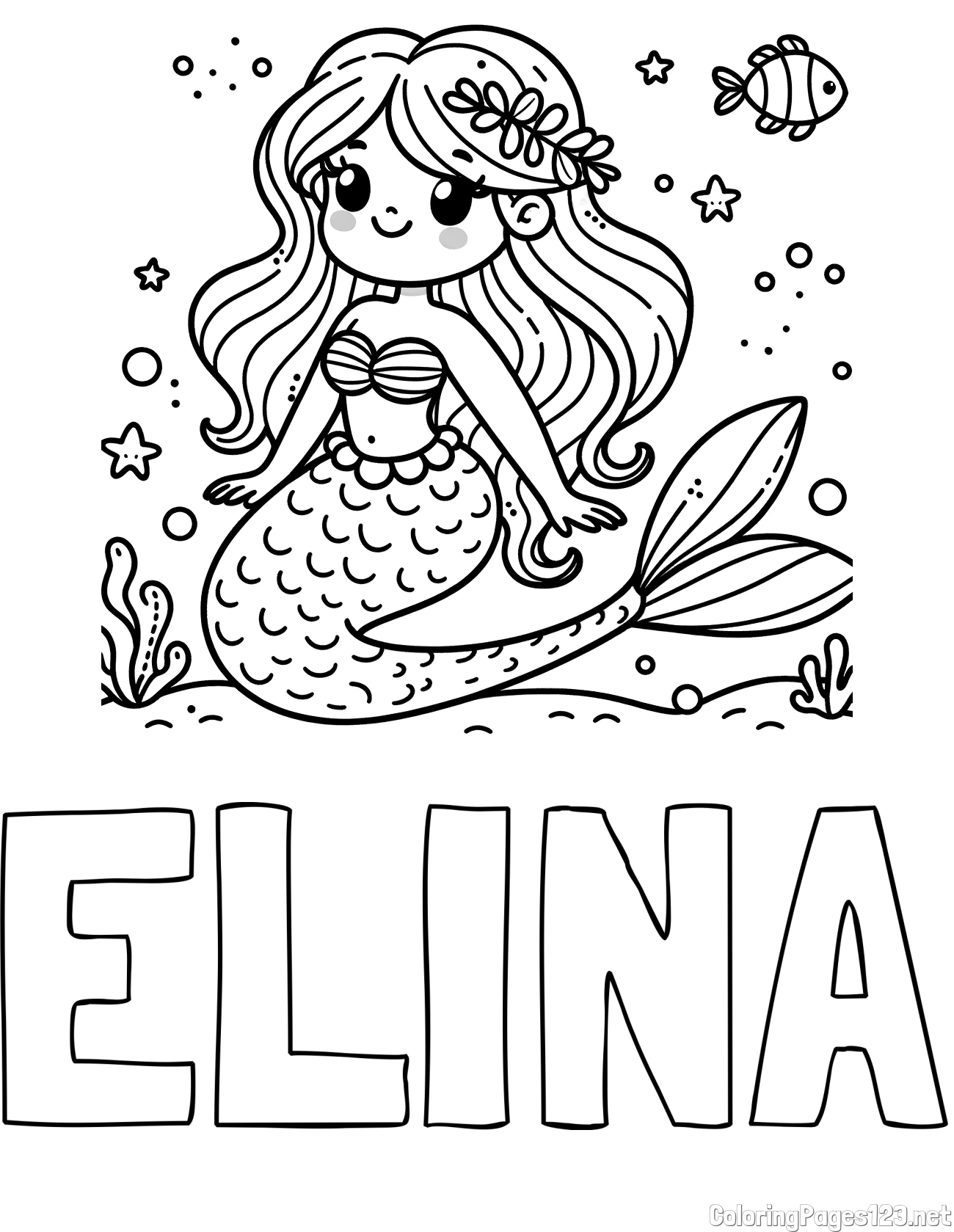 ELINA Coloring Page and Coloring Page of a Cute Mermaid in the Sea