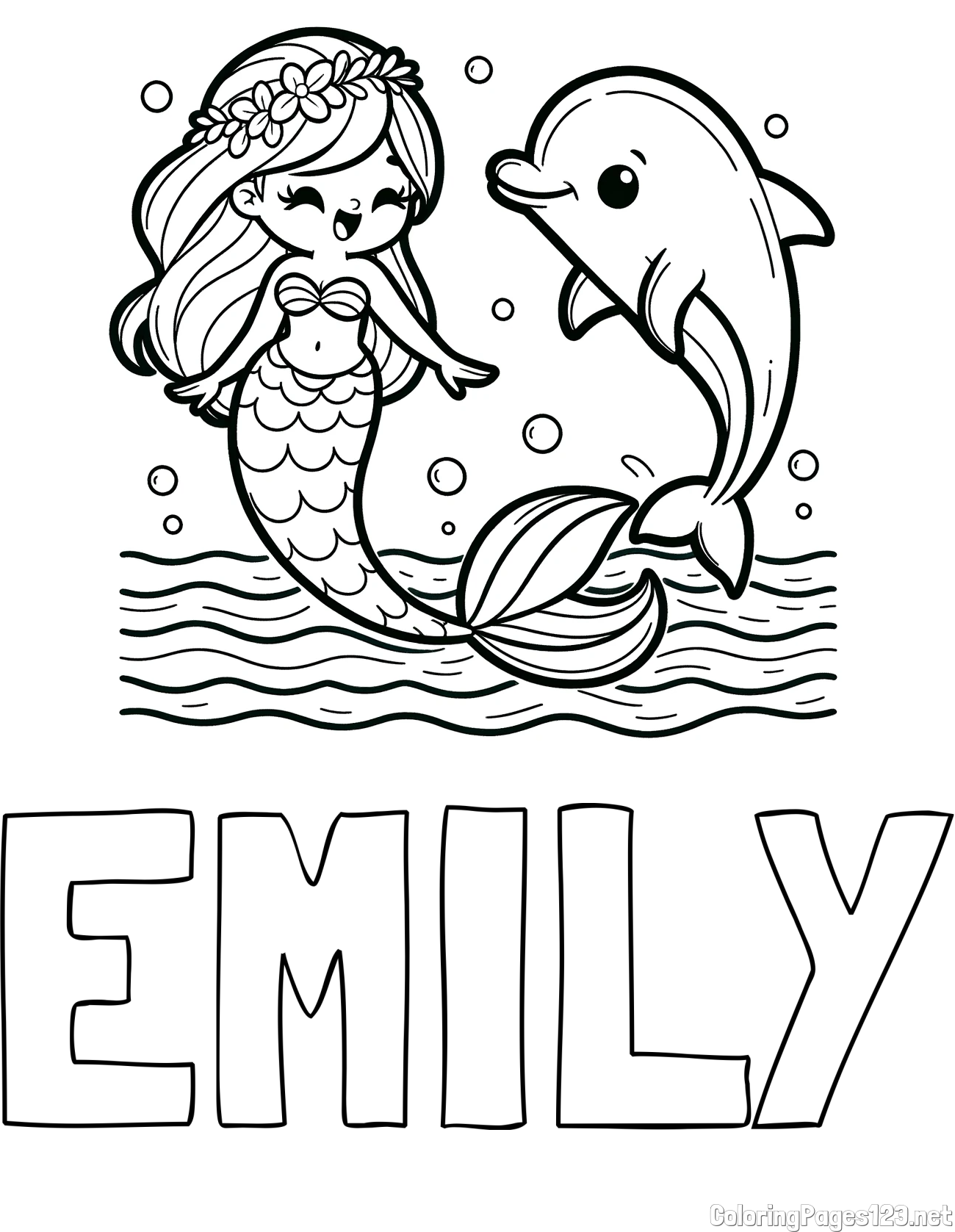 EMILY Coloring Page alongside Coloring Page of a Cute Mermaid Dancing ...