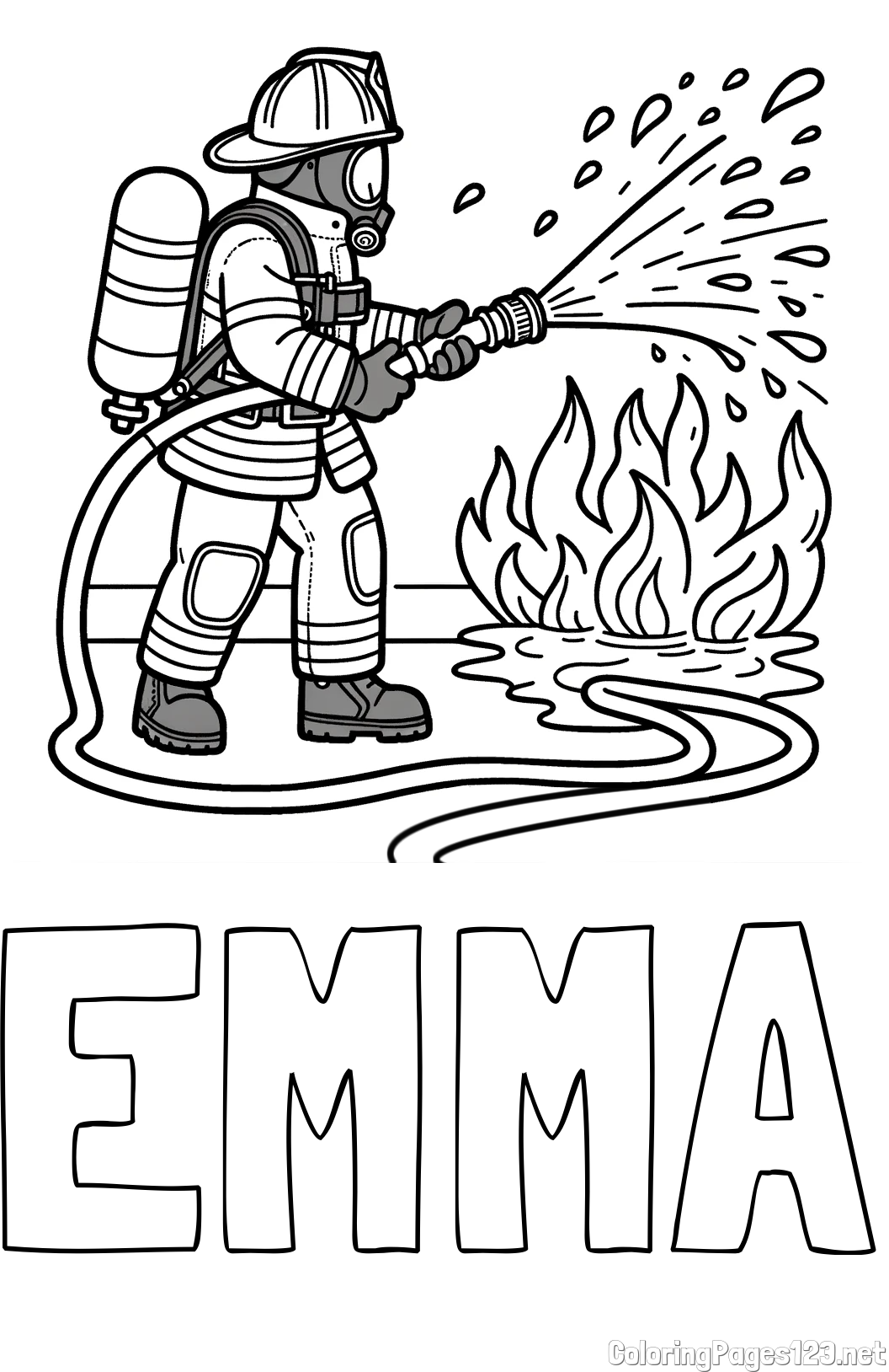 EMMA Coloring Page and A coloring page of a firefighter and a big fire