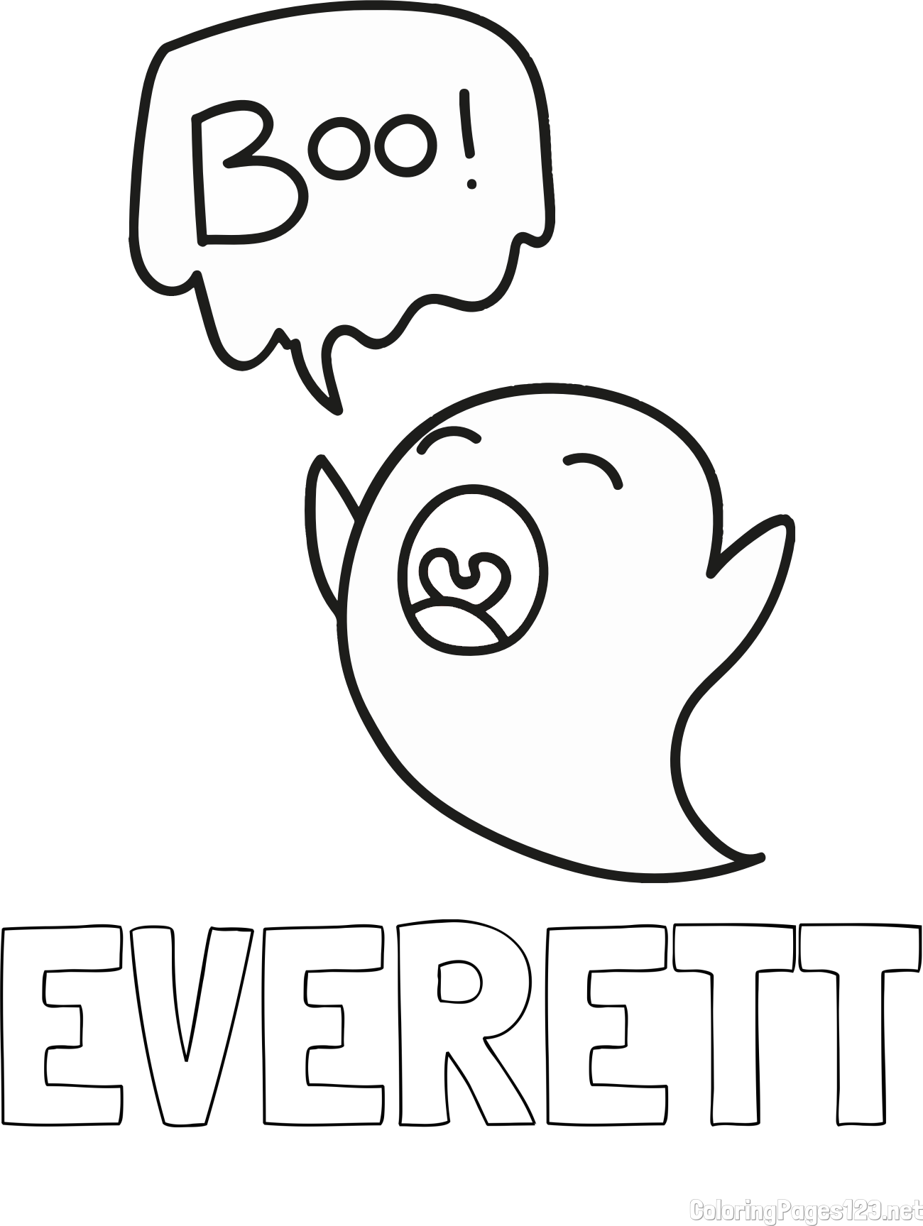 EVERETT Coloring Page alongside Ghost Saying "Boo!" Coloring Page for Kids