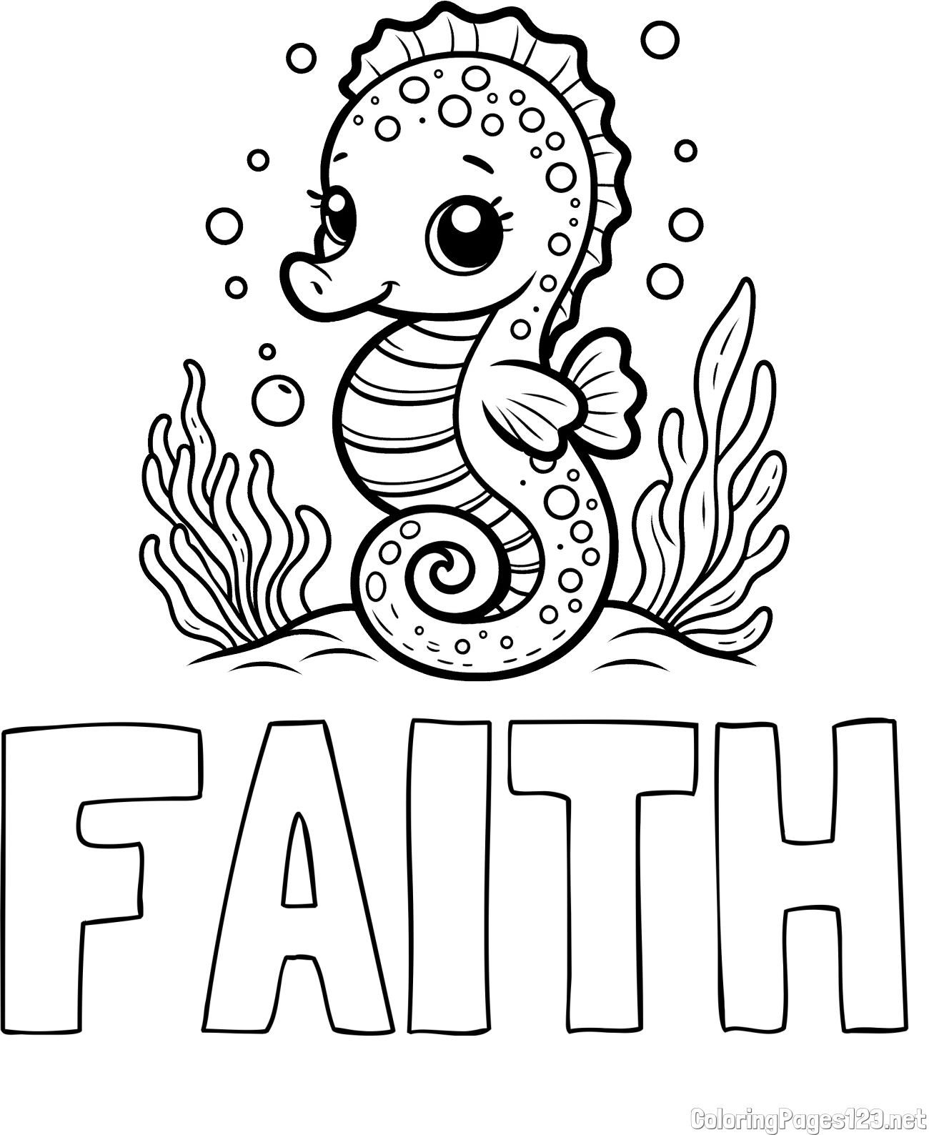 FAITH Coloring Page and Cute Seahorse Coloring Page