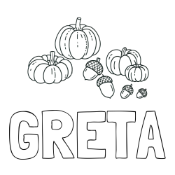 GRETA Coloring Page and Autumn Harvest Coloring Page - Acorns and Pumpkins