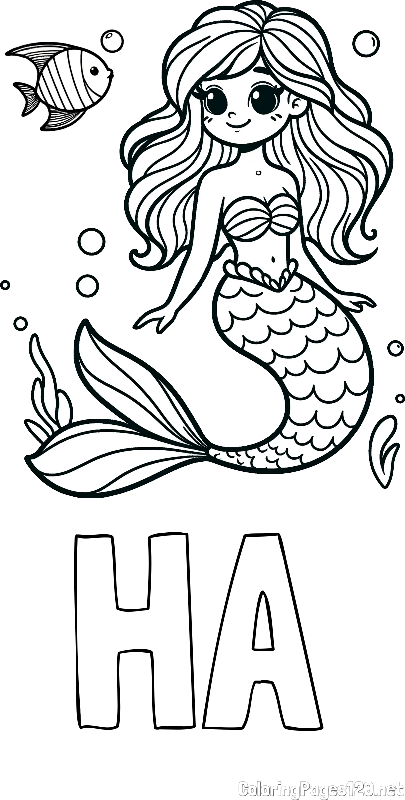 HA Coloring Page and Coloring Page of a Little Mermaid and Fish