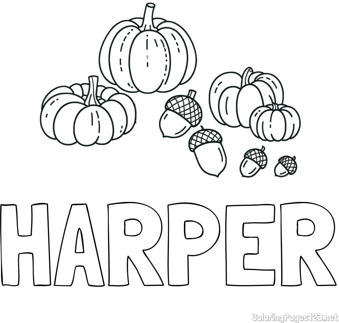 HARPER Coloring Page and Autumn Harvest Coloring Page - Acorns and Pumpkins