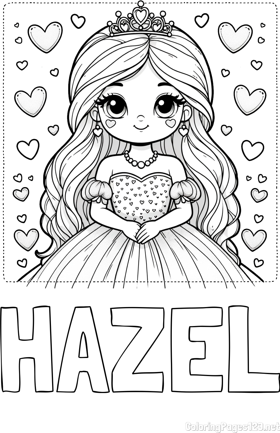HAZEL Coloring Page alongside Coloring Page of a Princess Surrounded by ...