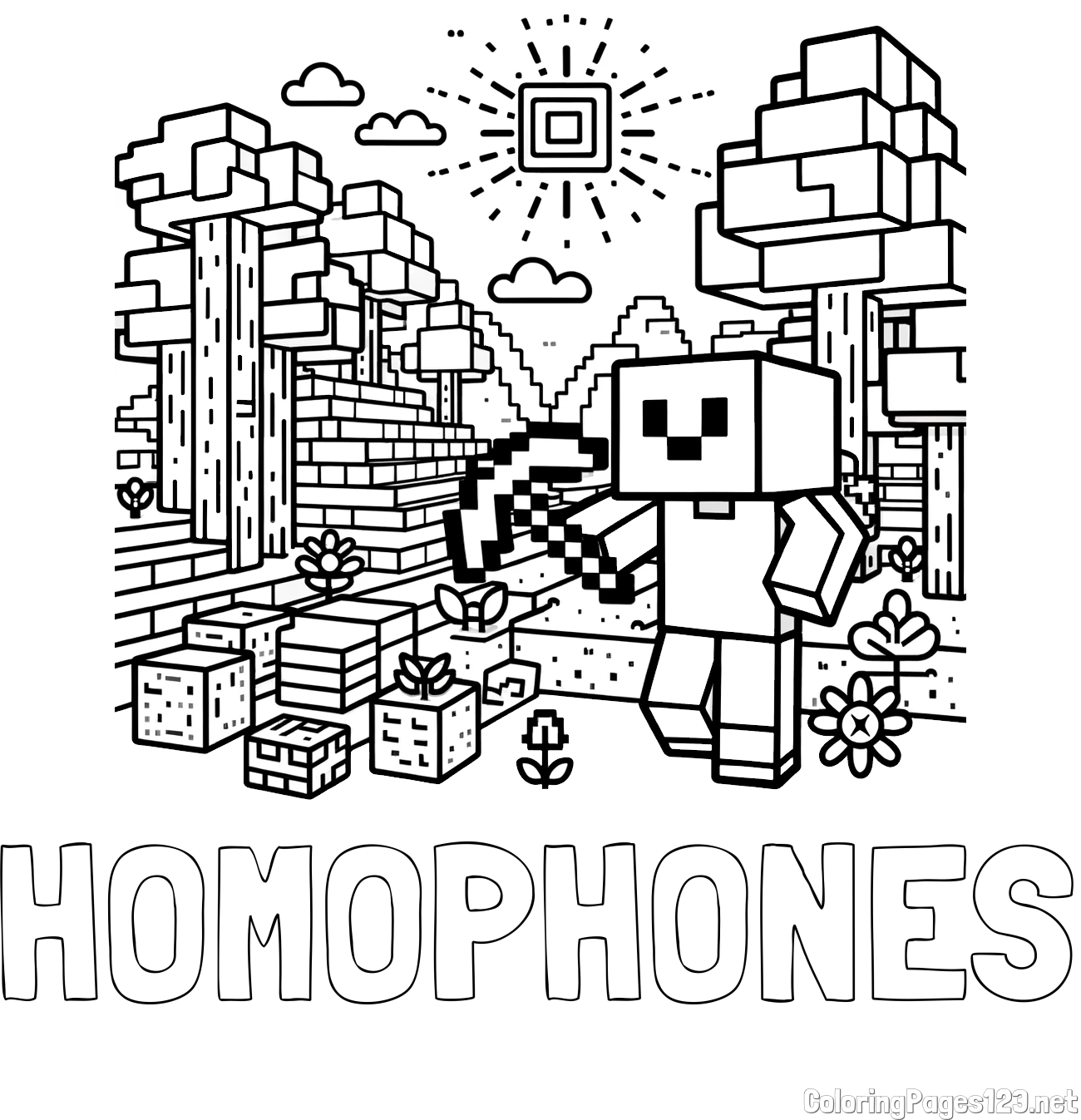 HOMOPHONES Coloring Page and Minecraft World Coloring Page