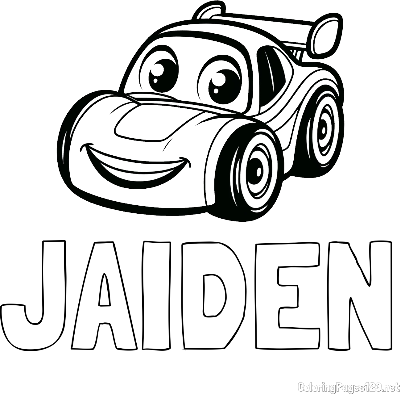 JAIDEN Coloring Page and Children's Printable Coloring Page of a Racing Car
