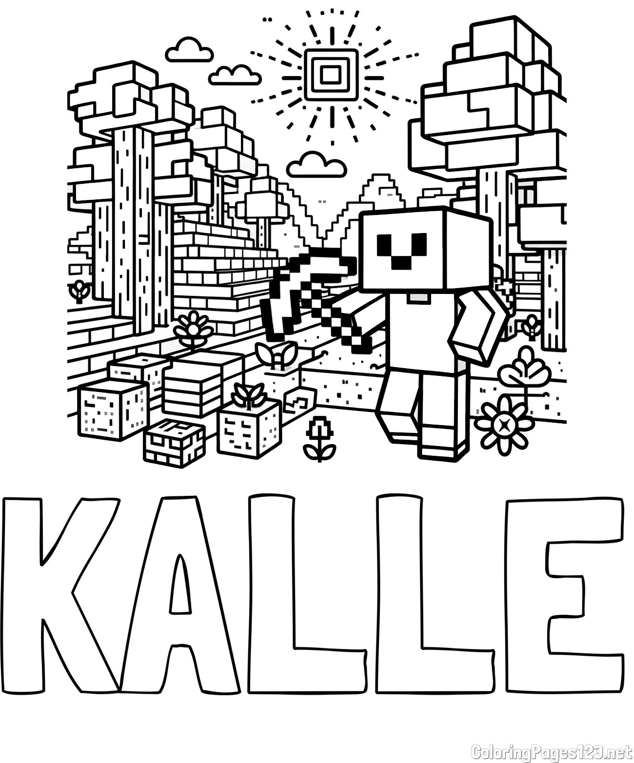 KALLE Coloring Page and Minecraft World Coloring Page