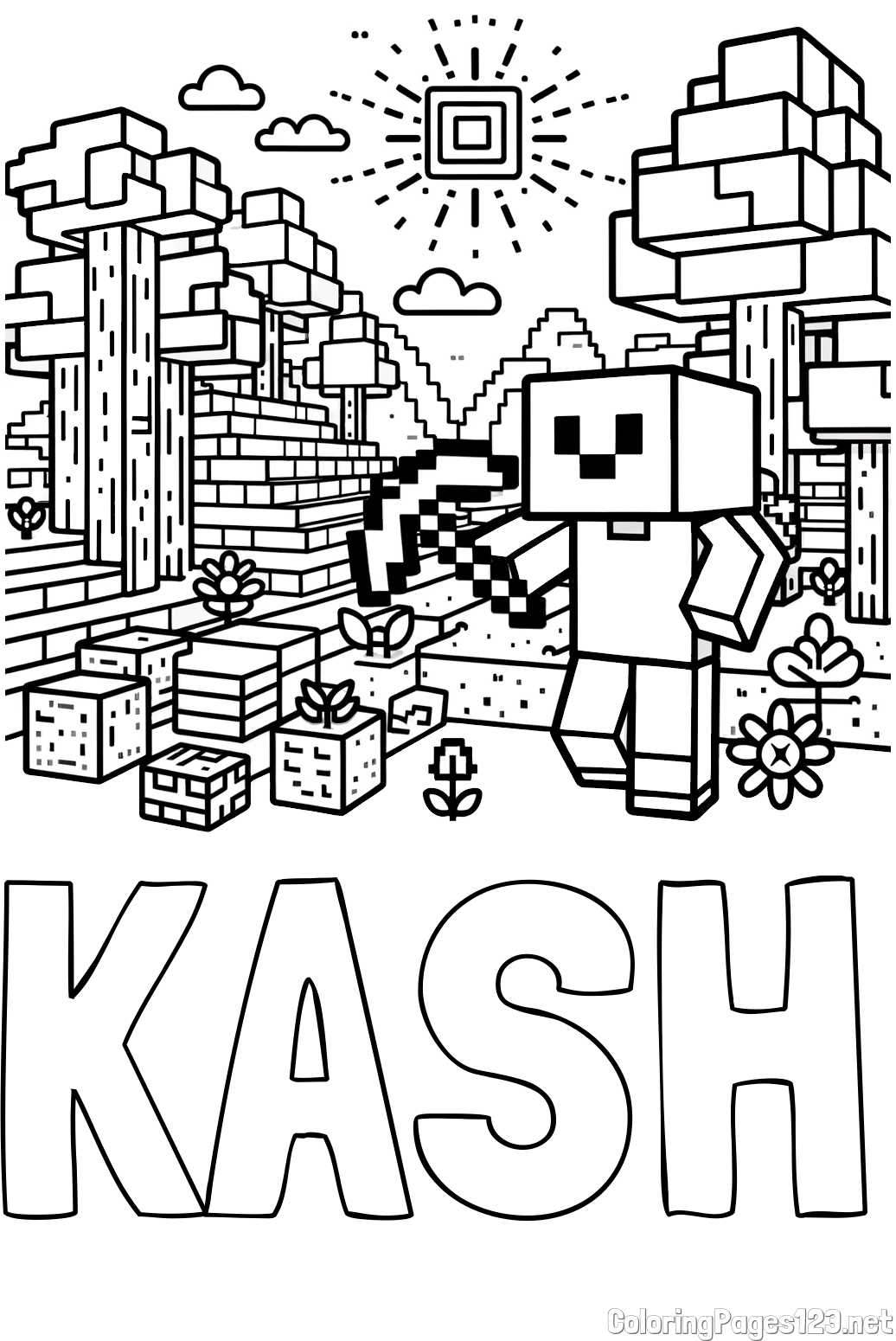 KASH Coloring Page alongside Minecraft World Coloring Page