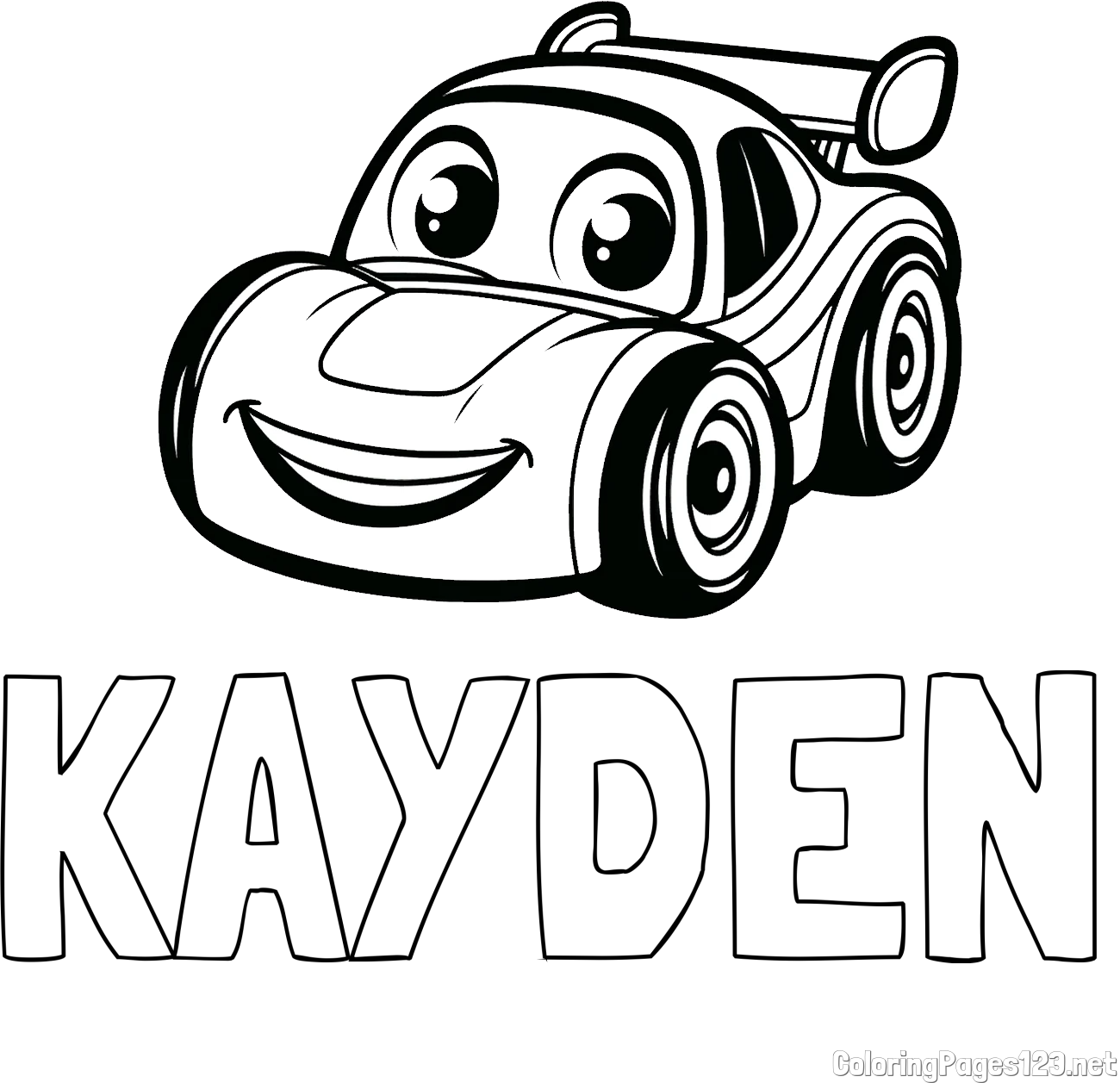 KAYDEN Coloring Page and Children's Printable Coloring Page of a Racing Car