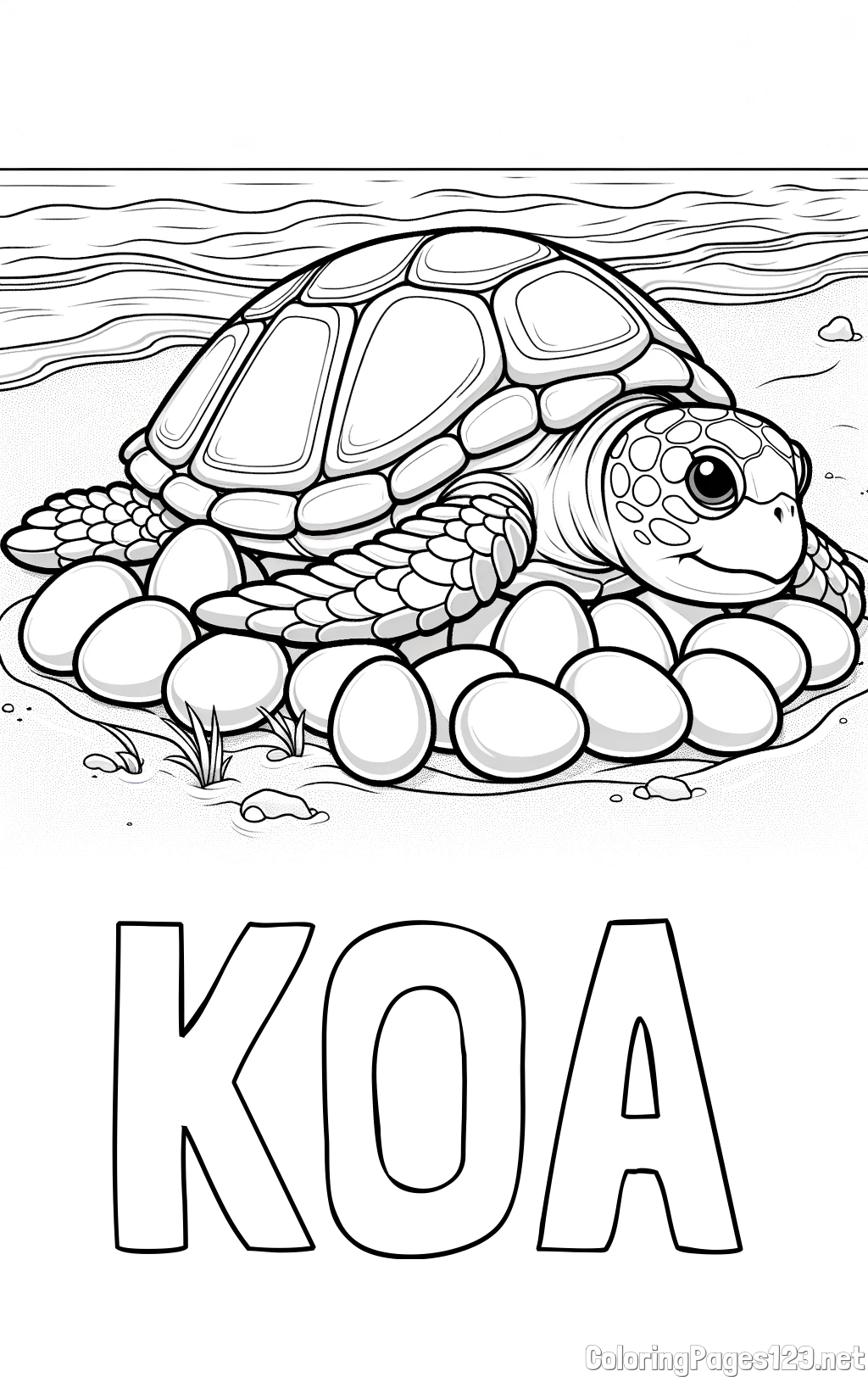 KOA Coloring Page and Coloring Page of a Realistic Sea Turtle Laying Eggs