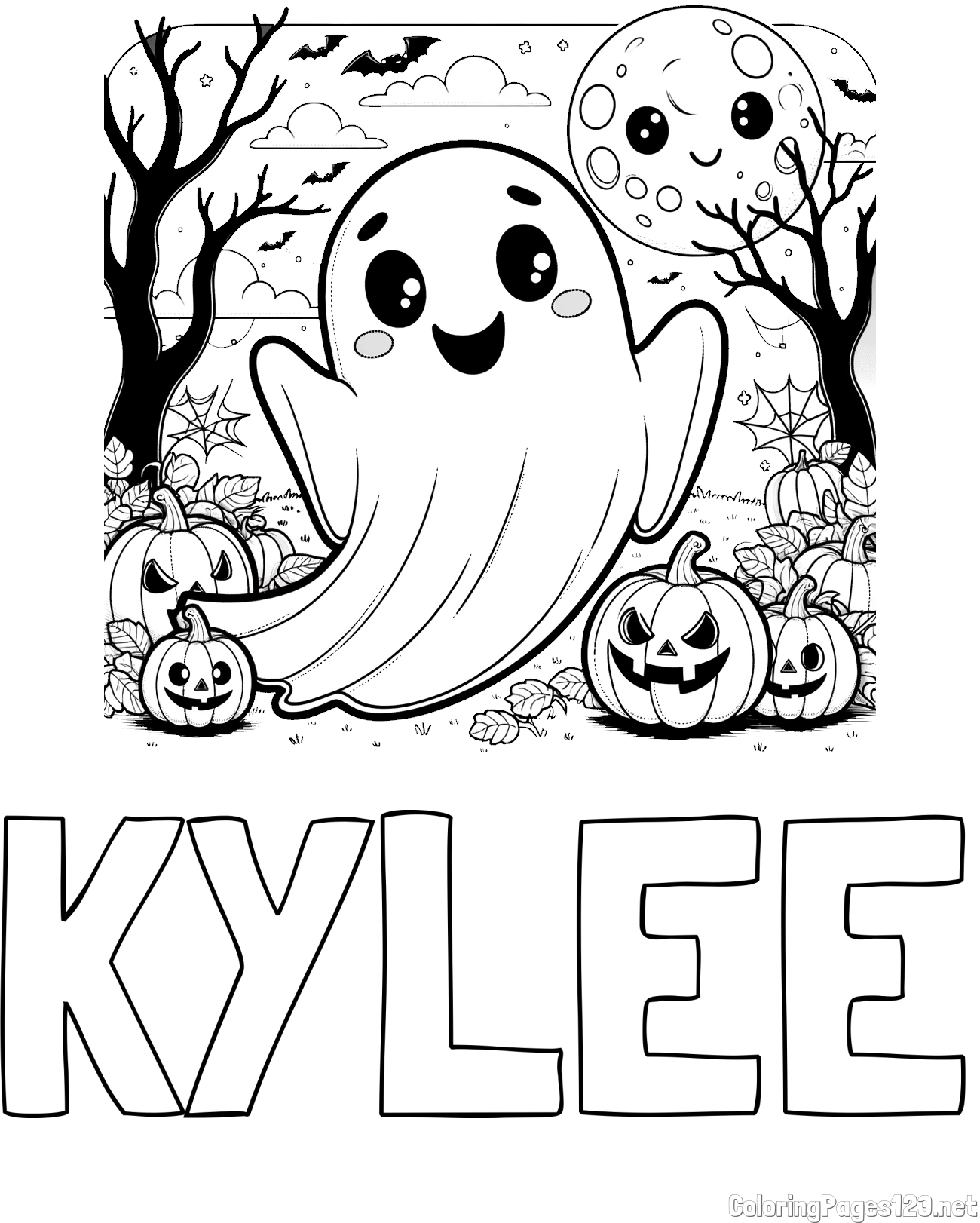 KYLEE Coloring Page and Halloween Coloring Page of a Ghost with Pumpkins
