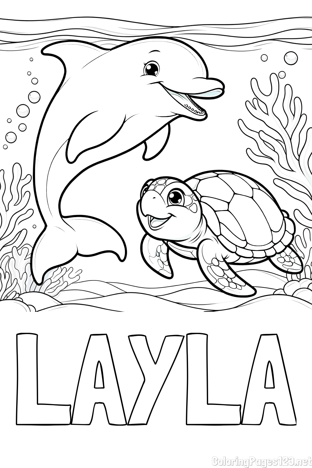 LAYLA Coloring Page alongside Coloring Book of a Cute Dolphin with a ...