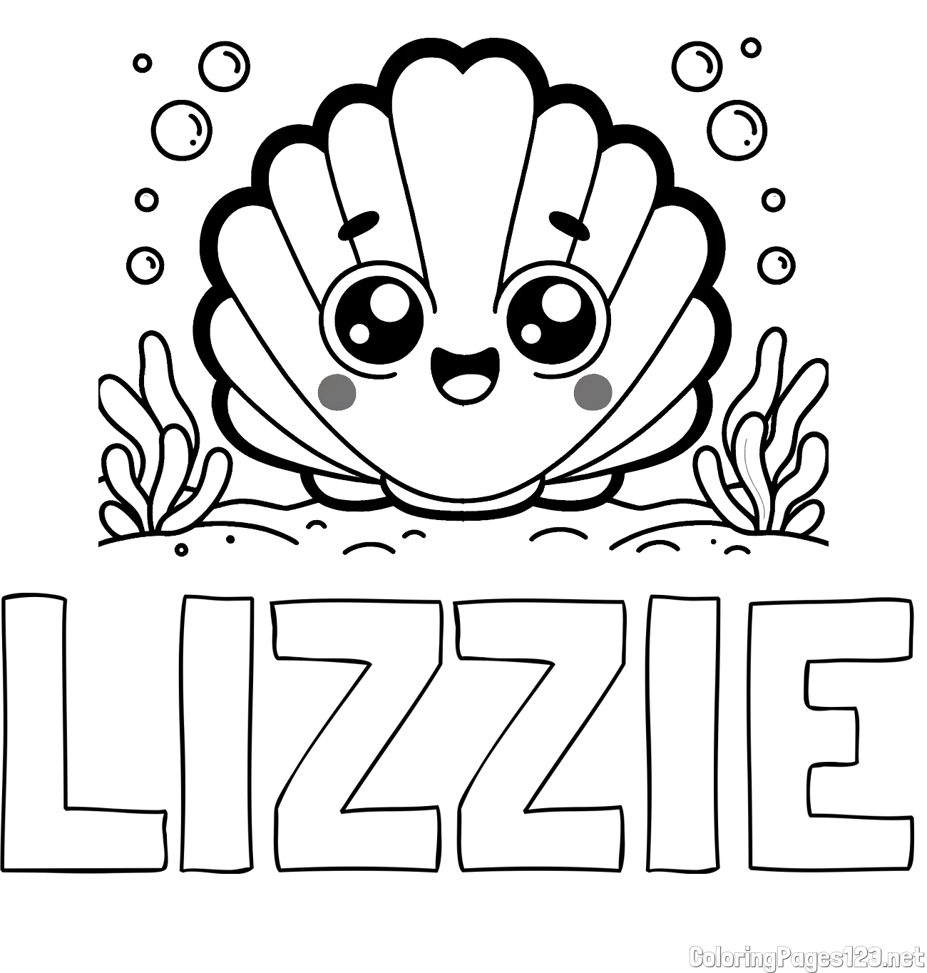 Color online: LIZZIE Coloring Page and Smiling Seashell Coloring Page ...