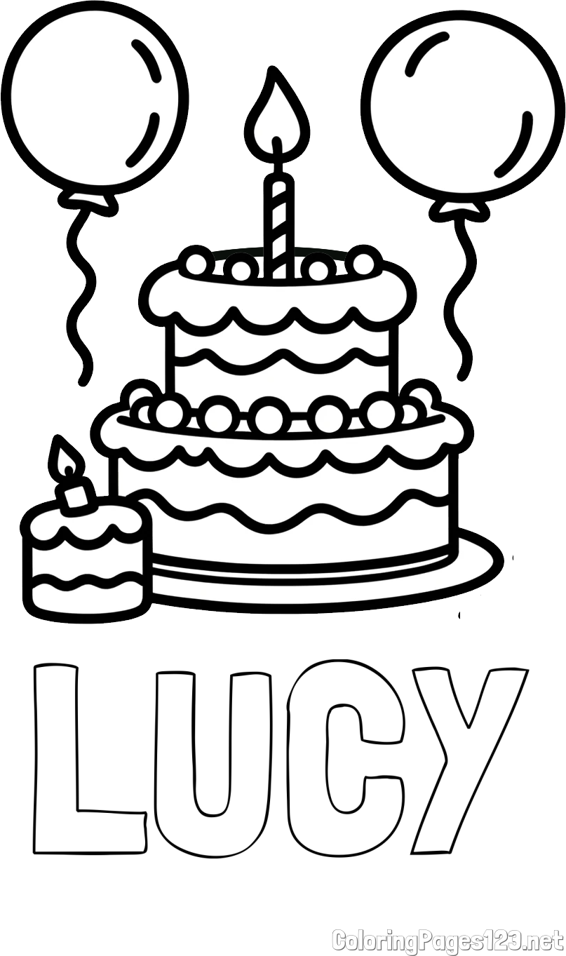 LUCY Coloring Page and Birthday Cake Coloring Page with Balloons