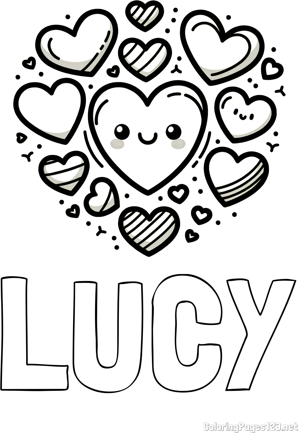 LUCY Coloring Page and Coloring Page of a Cute Cat Surrounded by Hearts
