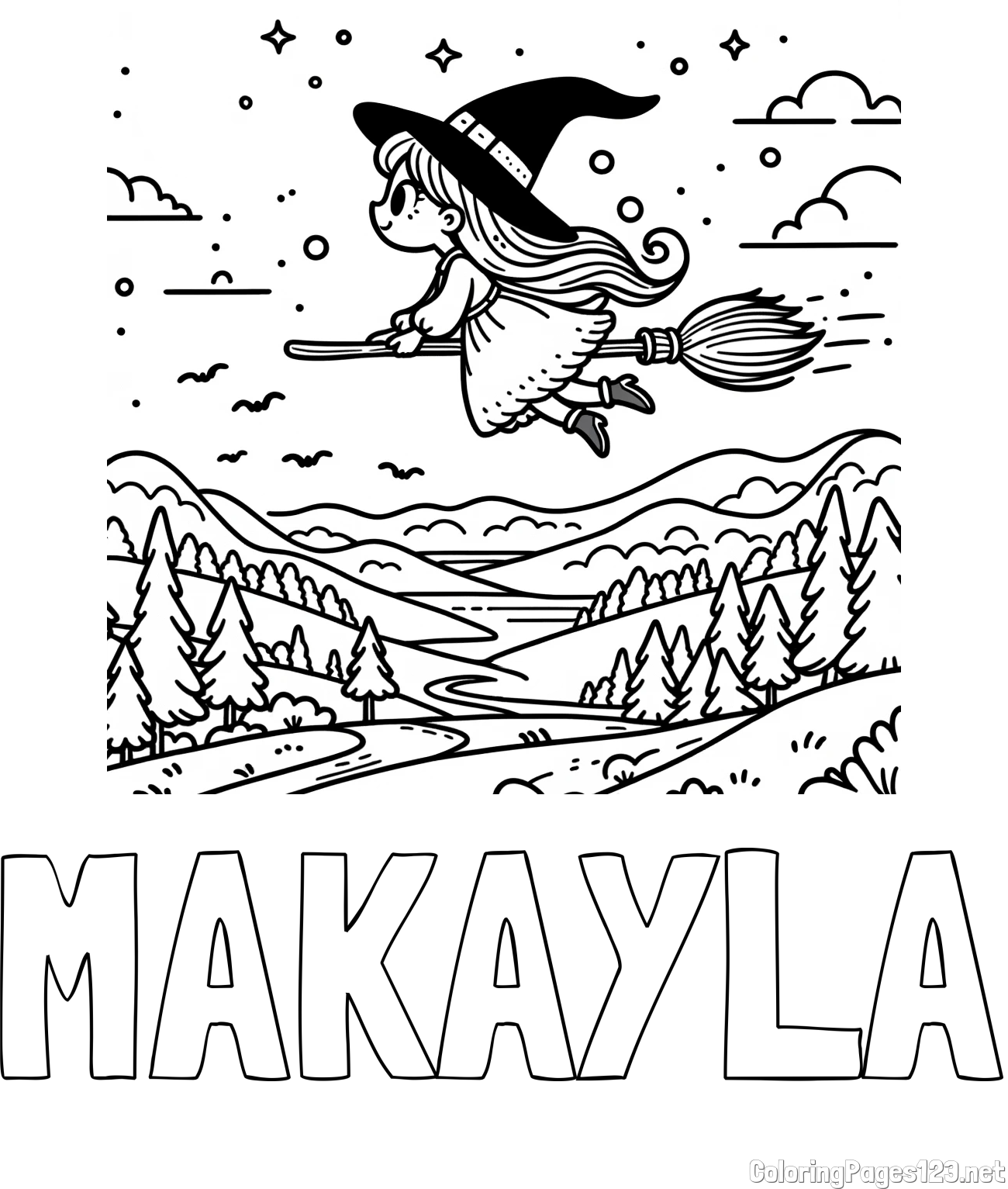MAKAYLA Coloring Page and Coloring Book of a Witch Flying on a Broom