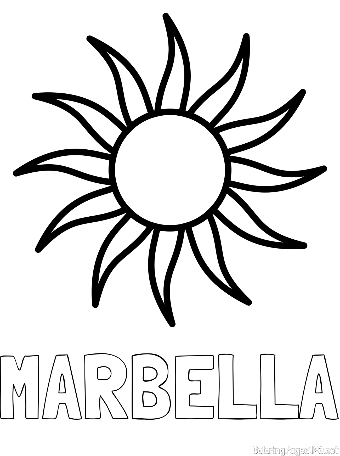 MARBELLA Coloring Page and Simple Sun Coloring Page for Kids