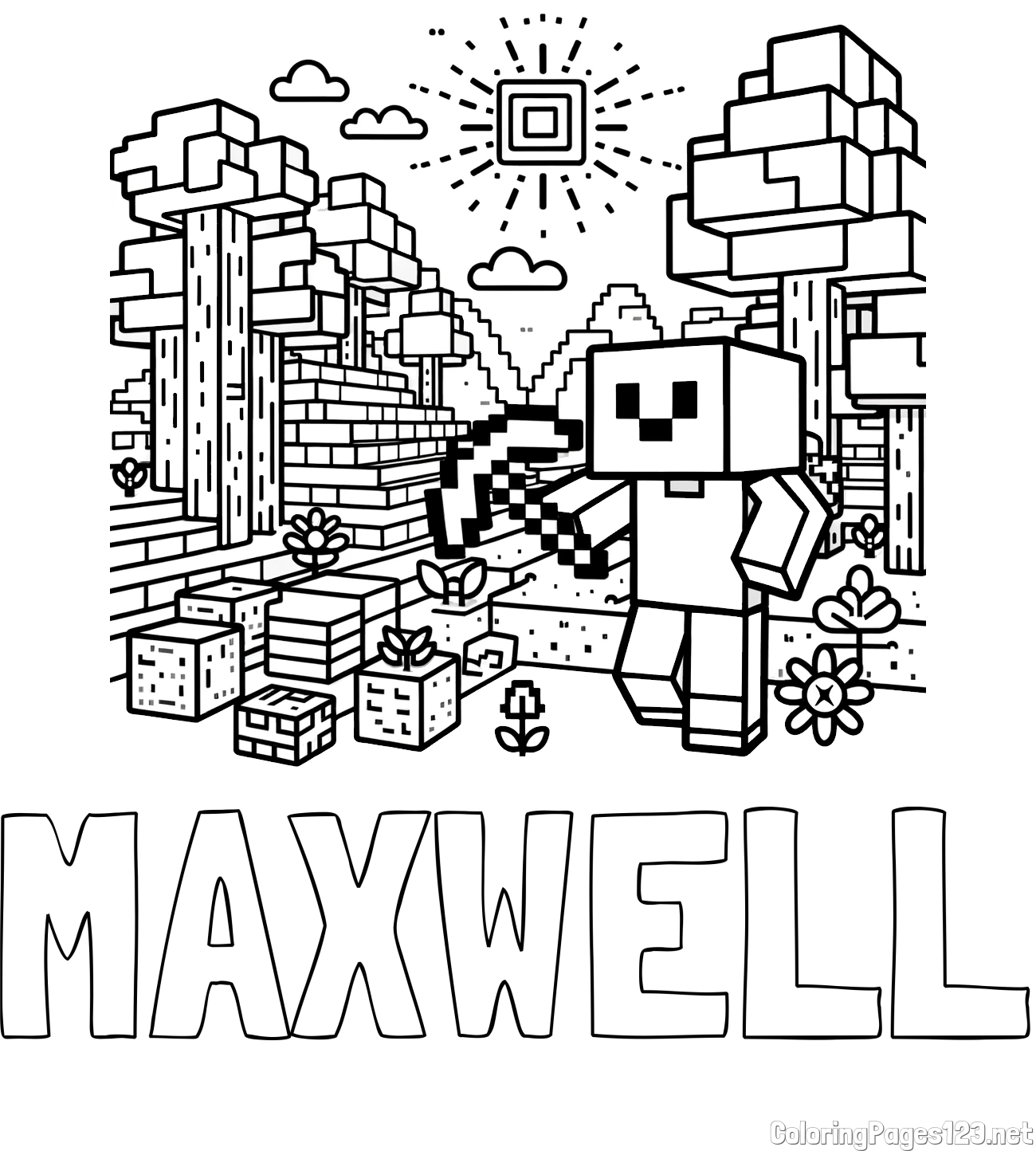 MAXWELL Coloring Page and Minecraft World Coloring Page